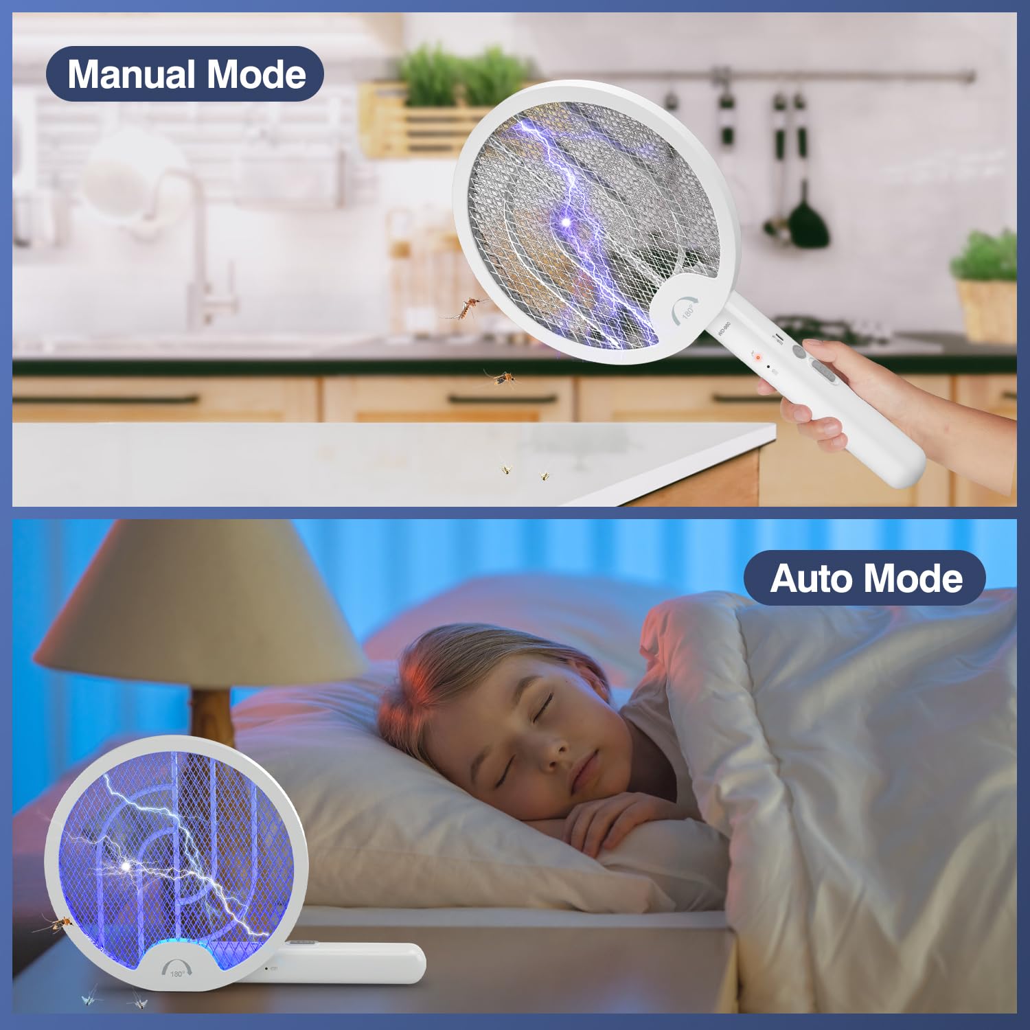 VLISBO Electric Fly Swatter 4000V 2 in 1 Bug Zapper Racket Fly Killer Mosquitoes Trap Lamp Rechargeable with 1200mAh Battery for Indoor Home Office Backyard Patio Camping (1 Pack)-White
