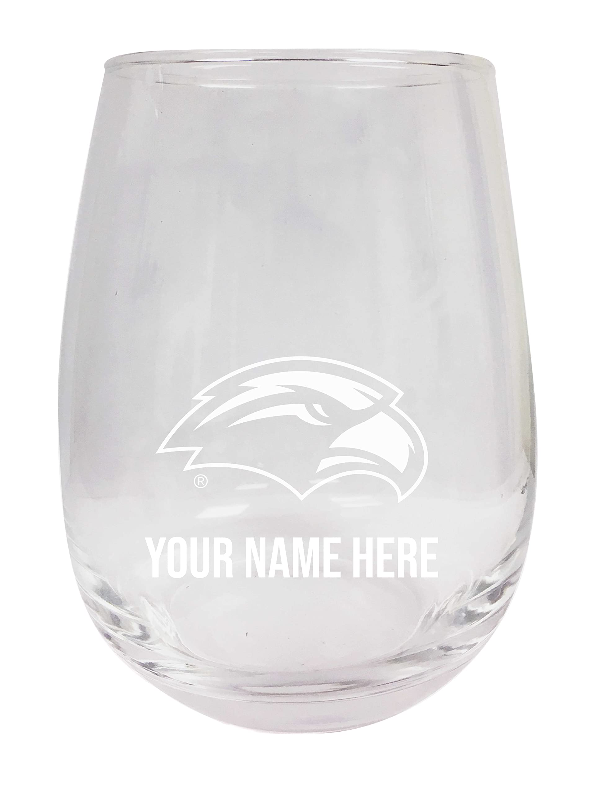 Personalized Customizable Southern Mississippi Golden Eagles Etched Stemless Wine Glass 15 oz With Custom Name (1) Officially Licensed Collegiate Product