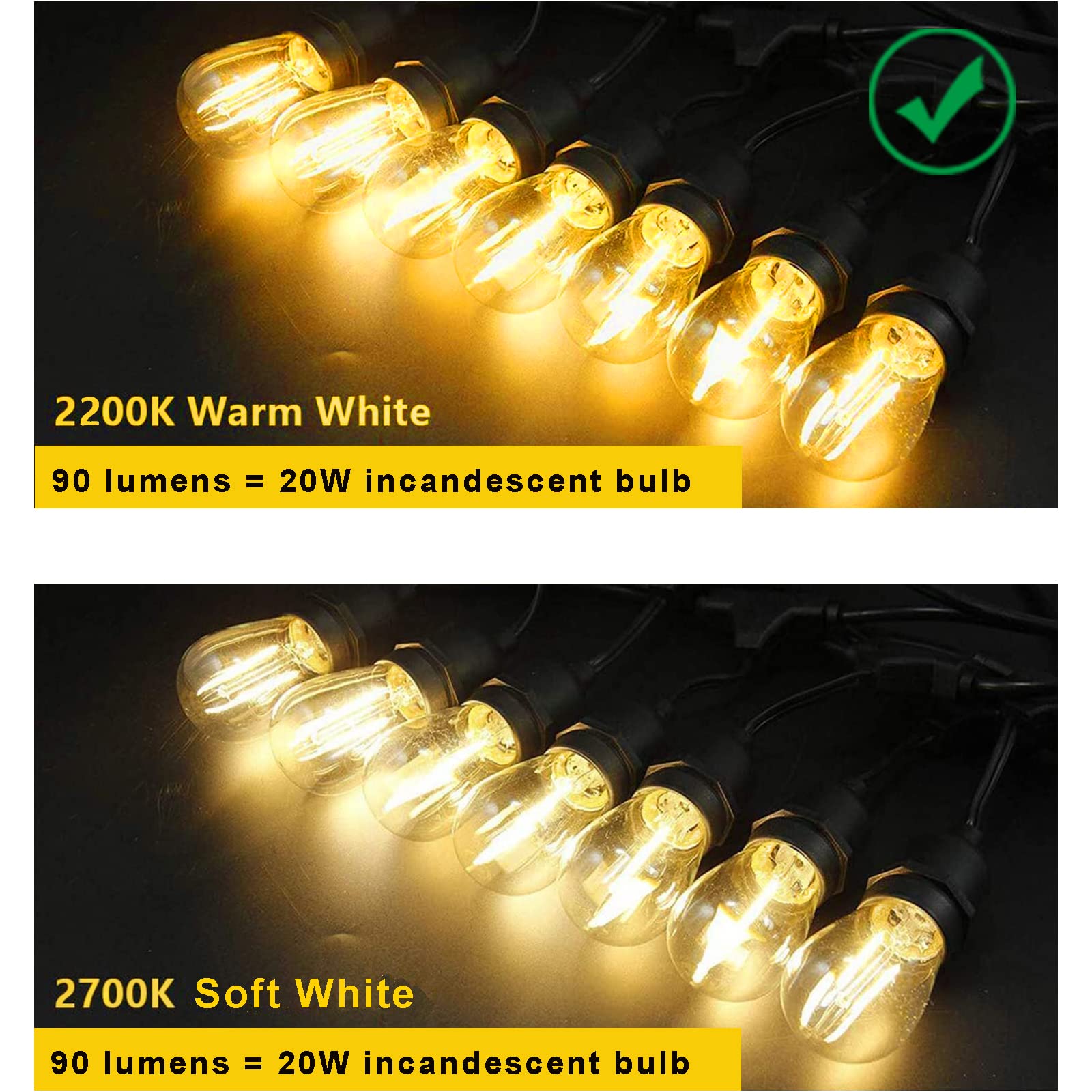 NIOSTA 15 Pack S14 LED Replacement Light Bulbs for Outdoor String Lights, 2200K Warm White Lighting and E26 Base, 1W LED Filament and Clear Waterproof Glass Bulb