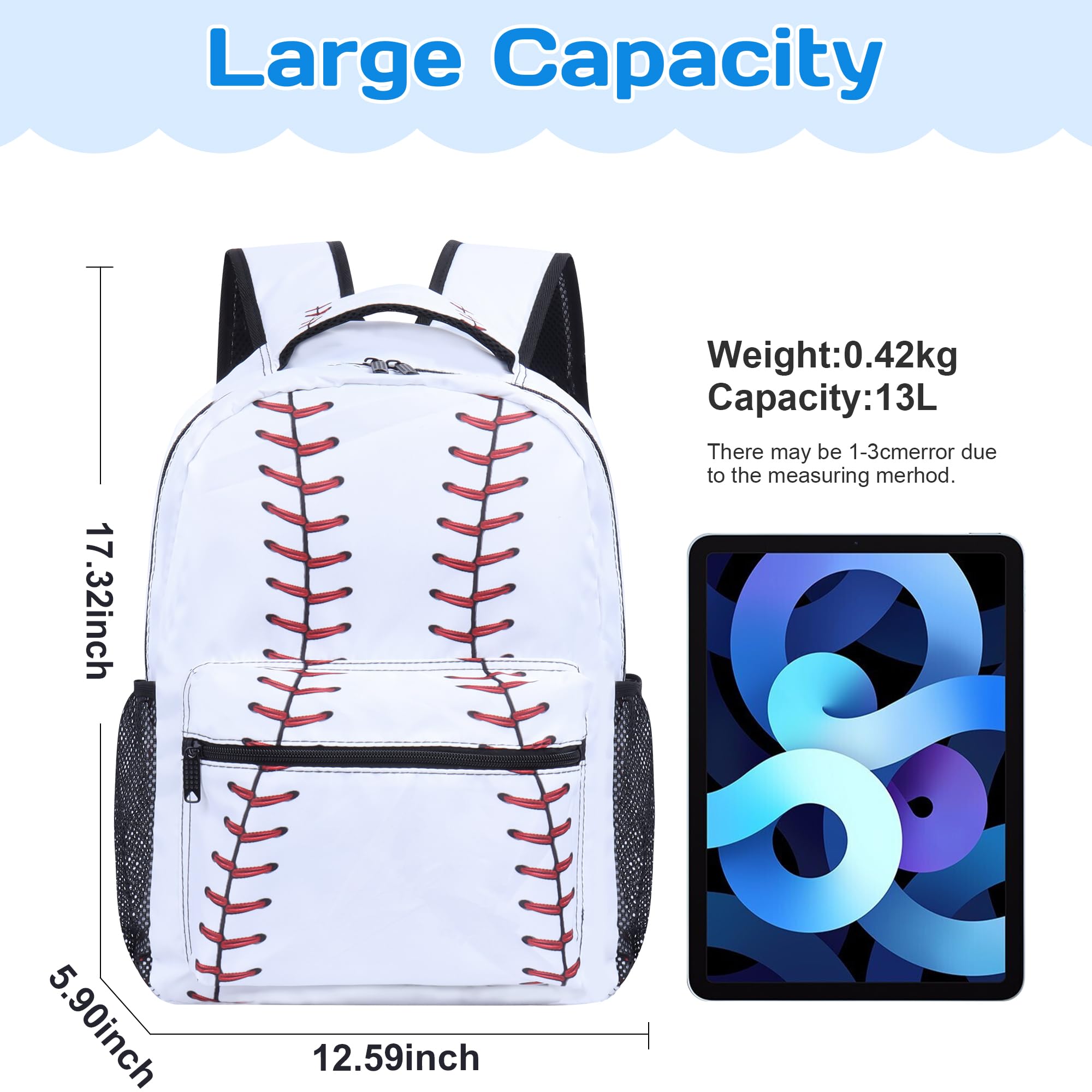 NHBTGSF Baseball Backpack for Boys,Kids Baseball Backpack for School,17inch Backpack Set with Lunch Bag and Keychain White