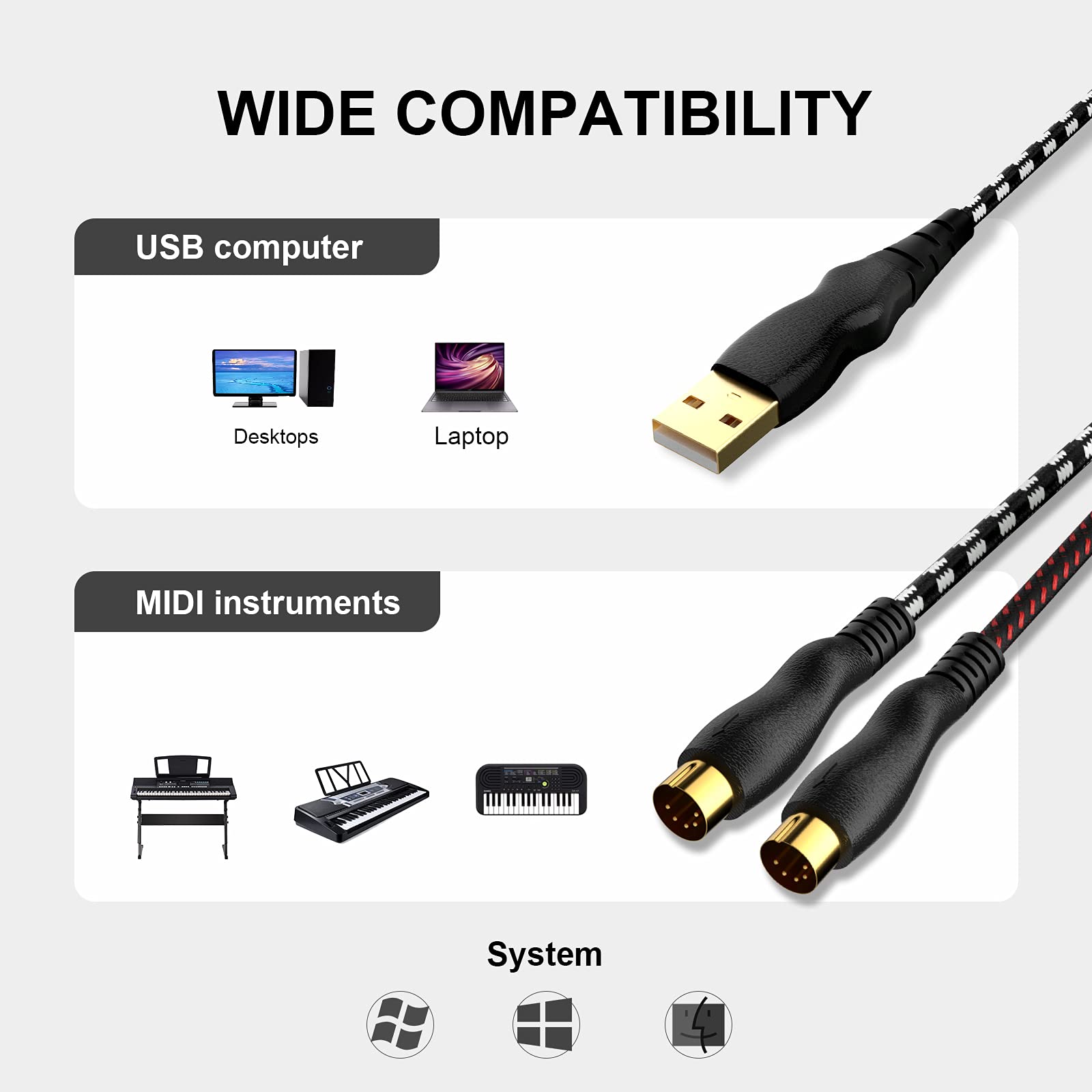 NUOSIYA USB to MIDI Cable 6.5Ft, USB MIDI Interface Adapter,MIDI to USB Cable Converter for Music Keyboard Piano to PC Mac Laptop Windows Android