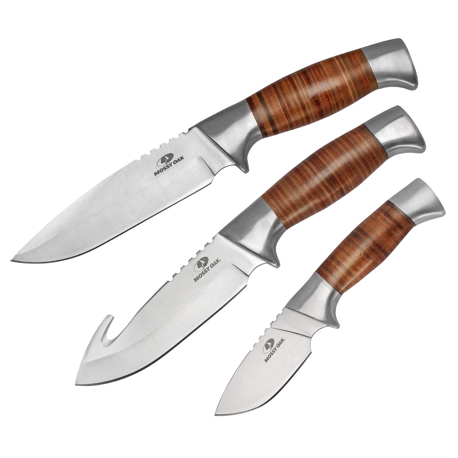 Mossy Oak Fixed Blade Hunting Knife Set - 3 Piece, Full Tang Leather Handle Straight Edge and Gut Hook Blades Game Processing Knife Set, Sheath Included