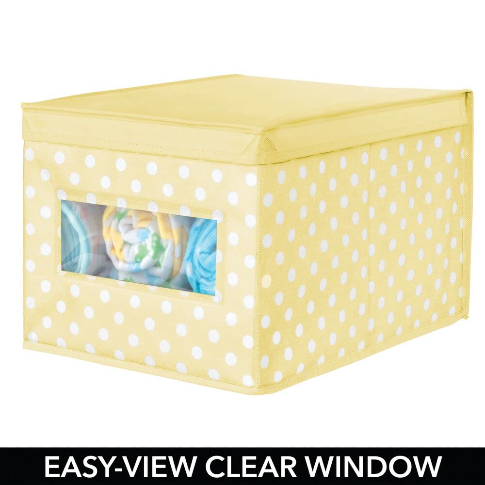 mDesign Large Soft Stackable Fabric Baby Nursery Storage Organizer Holder Bin Box with Front Window/Lid for Child/Kids Bedroom, Playroom, Classroom, Lido Collection, 4 Pack, Lt Yellow/White Polka Dot
