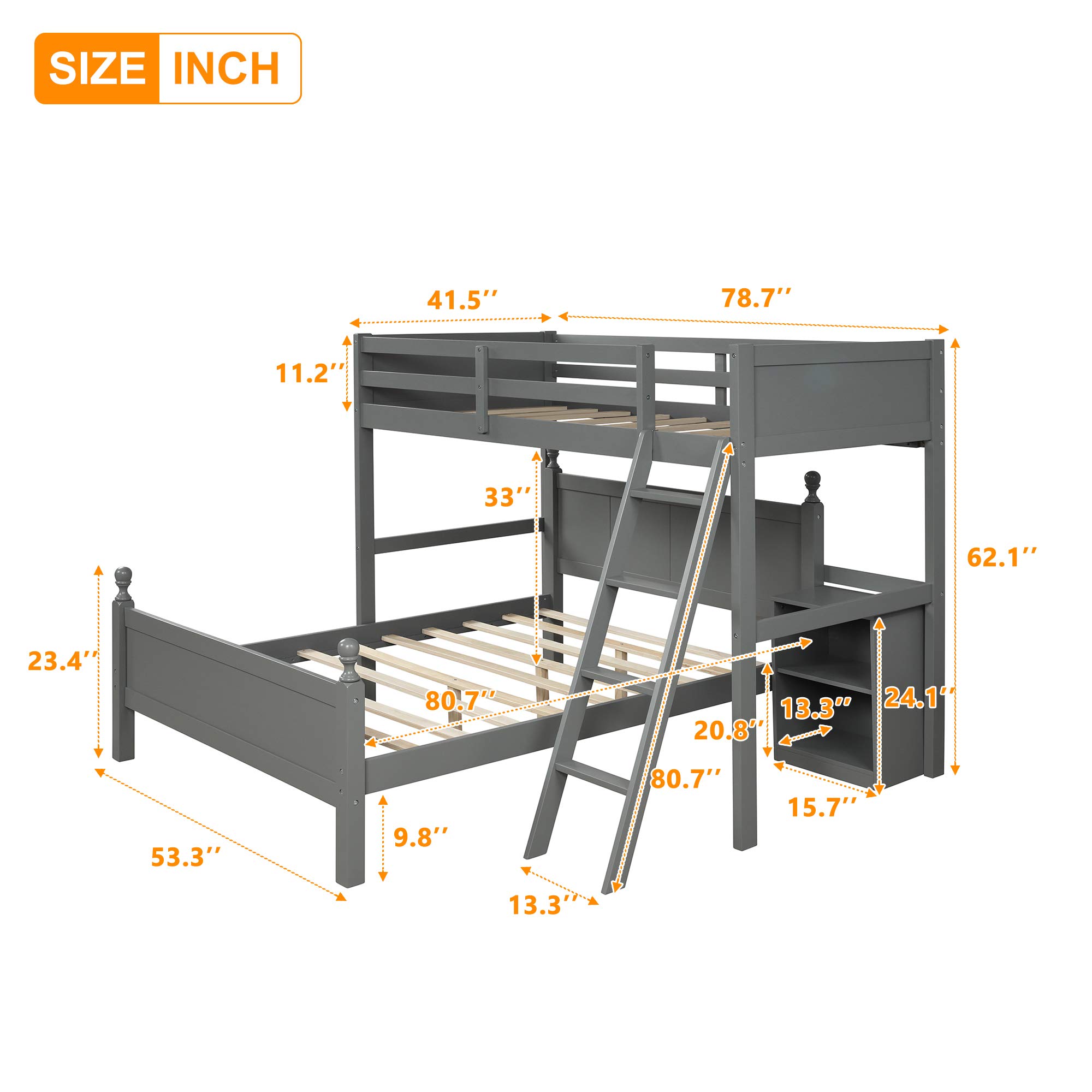 MERITLINE Twin Over Full Loft Bed for Kids, Wood Bunk Bed Twin Over Full with Night Stand L Shaped Twin Over Full Loft Bunk with Guardrail and Ladder