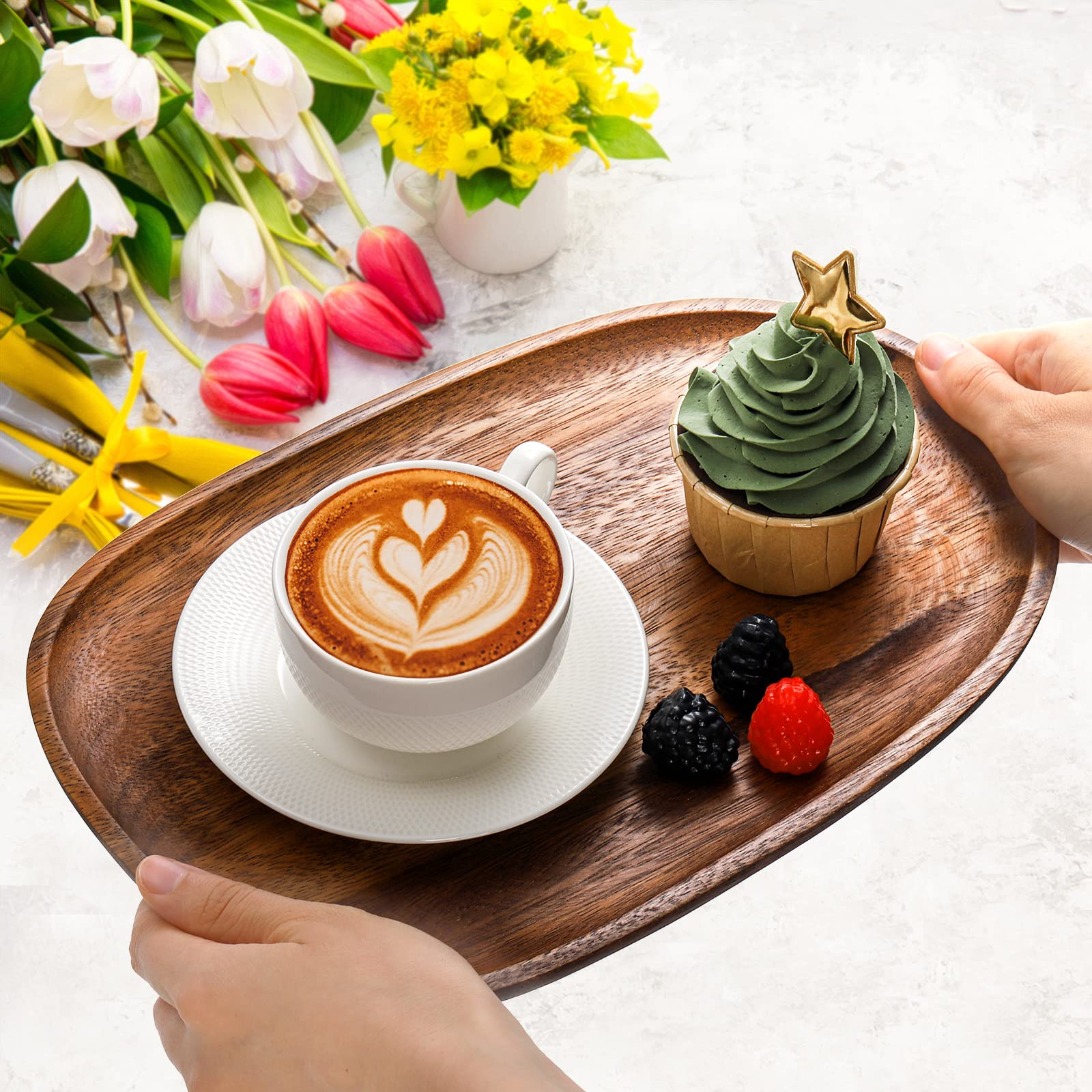 Okllen Set of 5 Acacia Wood Serving Platter and Trays, Irregular Oval Solid Wood Plates Serving Tray, Lightweight Wood Dinner Plates for Breakfast, Coffee, Tea, Snack, Plant, Housewarming Gift