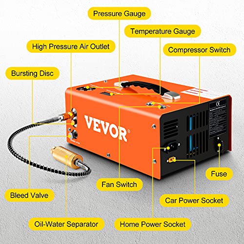 VEVOR PCP Air Compressor, 4500PSI Portable PCP Compressor, 12V DC 110V/220V AC PCP Airgun Compressor Auto-stop, w/Built-in Adapter, Fan Cooling, Suitable for Paintball, Air Rifle, Mini Diving Bottle