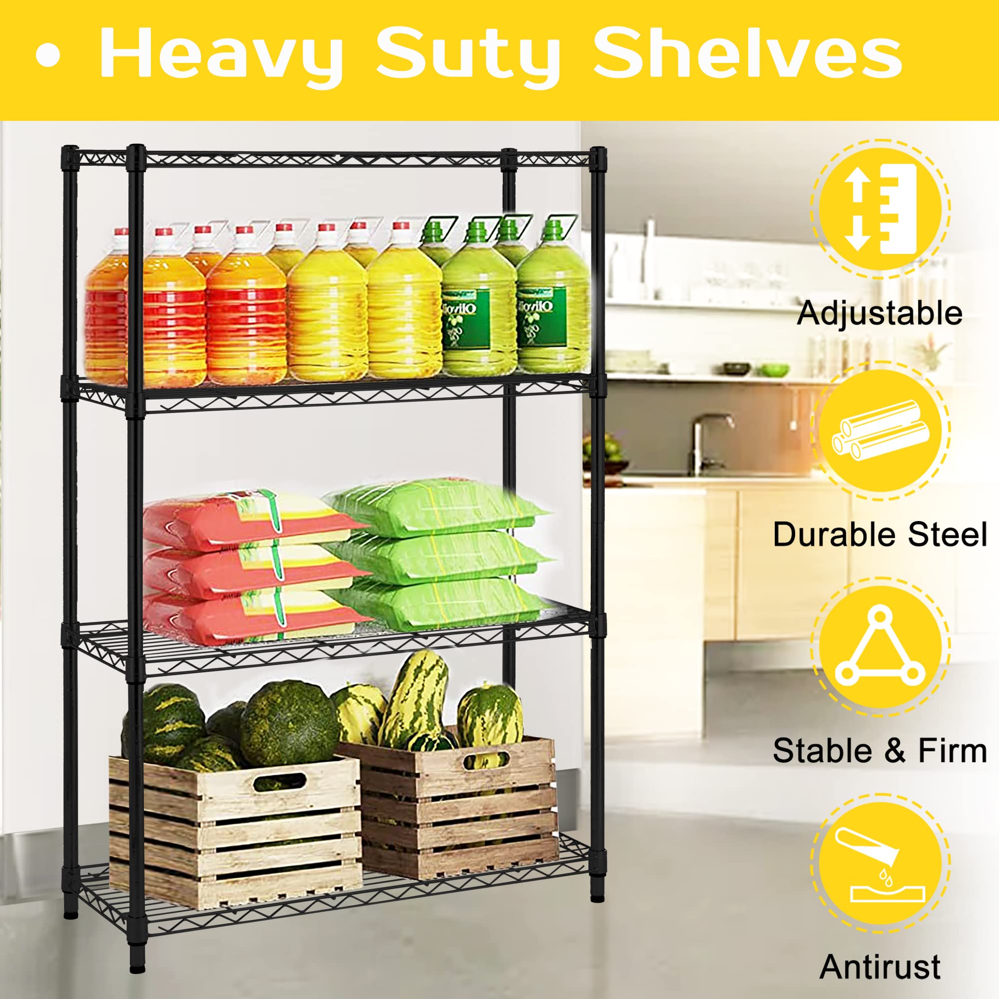Vnewone 4-Tier Storage Shelves Large Wire Shelving Unit NSF Metal Garage Shelving 54”x36”x14” 1000 LBS Capacity Heavy Duty Height Adjustable Commercial Grade Utility Steel Rack with Wheels,Black