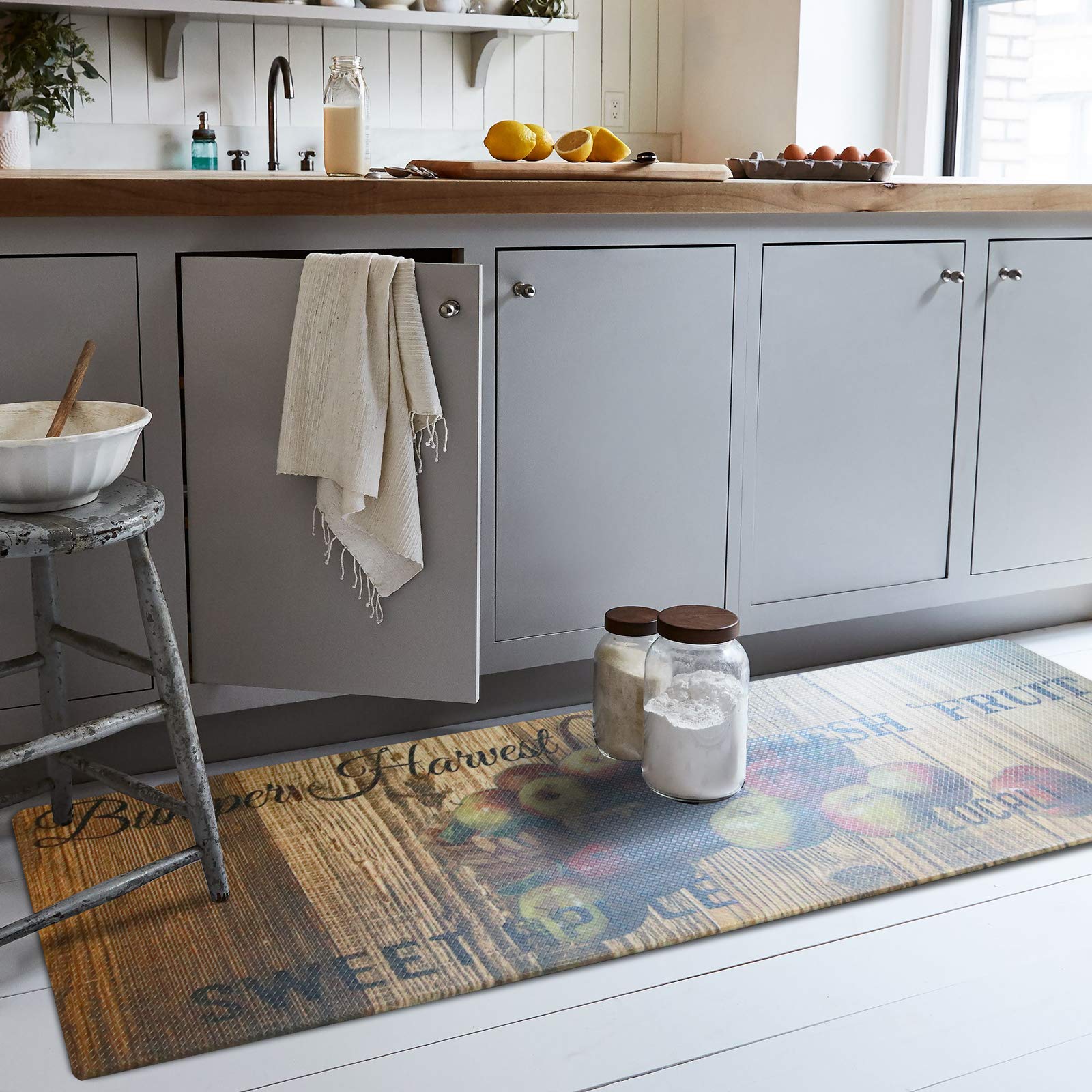 Stylish Cottage Kitchen Mat 0.35" Thick Anti Fatigue Cushioned Kitchen Rug Geometry 18"x48" Non Slip Waterproof Heavy Duty Kitchen Rugs and Mats for Floor Sink Home Office Desk Laundry Apple