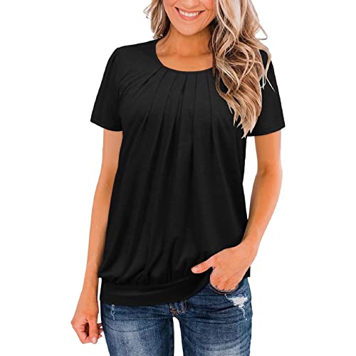 Short Sleeve Tunic Shirts for Women Casual Pleated Scoop Neck Summer Tops to Hide Belly Solid Color Blouses Black