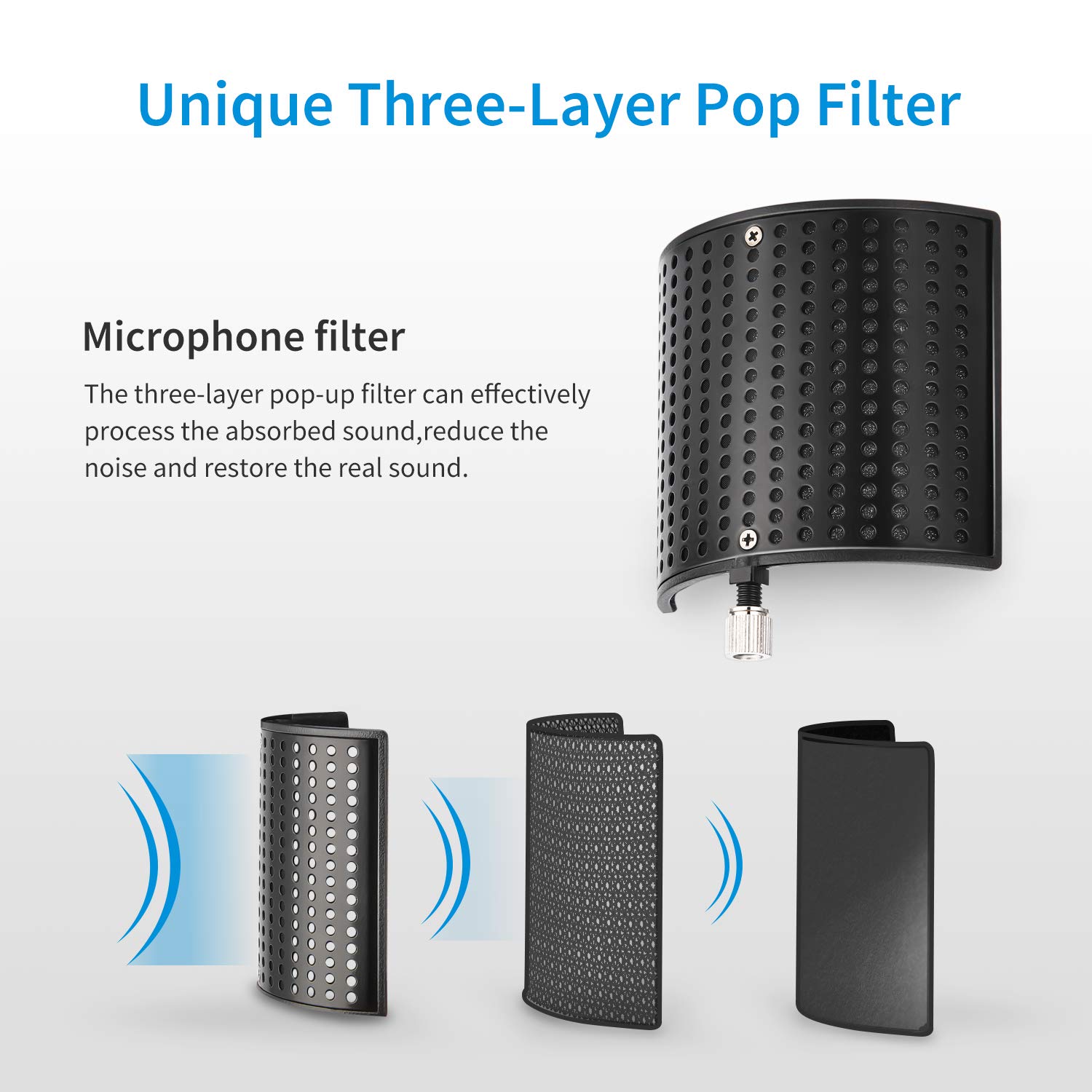 Moukey Microphone Pop Filter, Metal Mic Pop Filter for BLUE YETI, AT2020, AT2050- MPFUBK1 with Upgraded Three-Layer Filter Foam, Metal Panel& Metal Mesh, Microphone Windscreen Shield Mask
