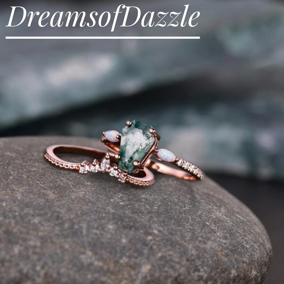 Ring For Women Coffin Shaped Green Moss Agate Ring Set, Wedding Promise Ring Opal Moss Agate Bridal Ring BY DREAMSOFDAZZLE (Rose Gold Overlay)