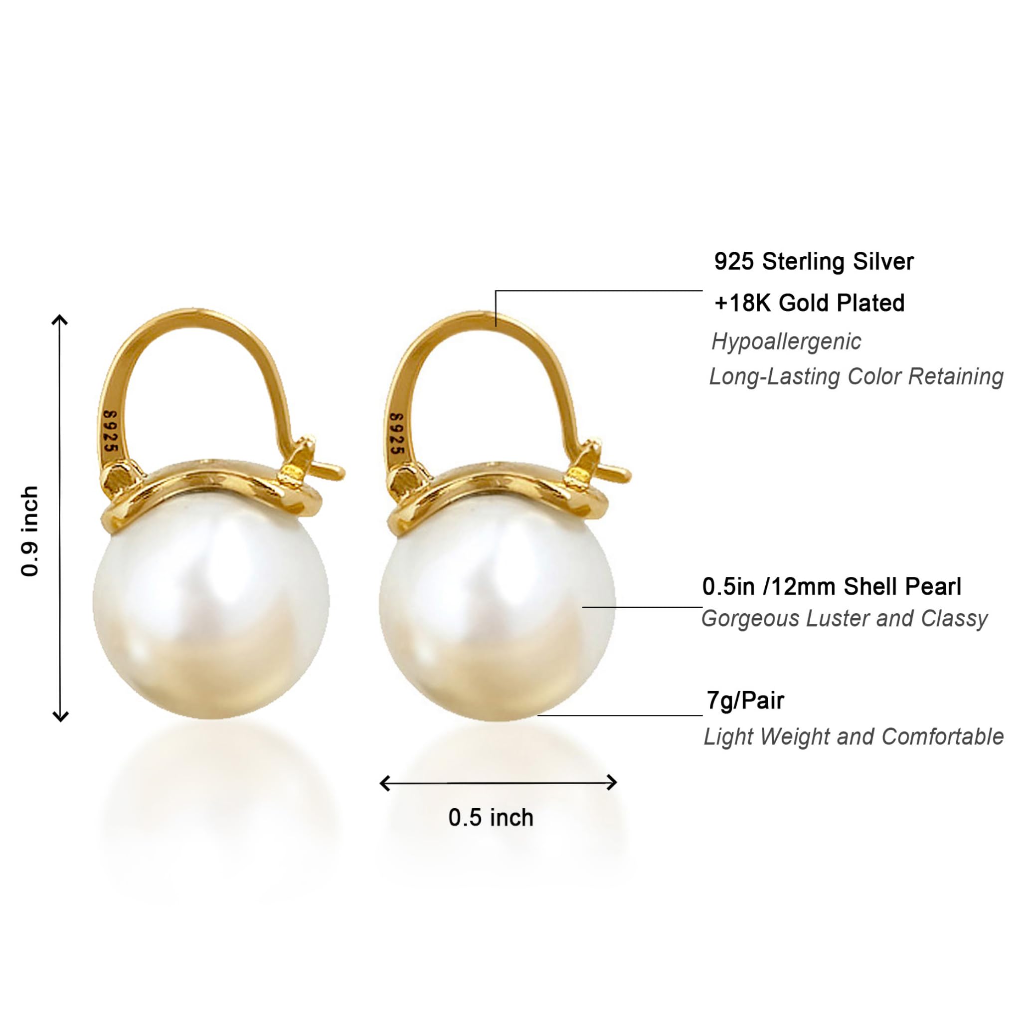 OwMell Elegant 925 Sterling Silver Pearl Drop Earrings Dangle Stud Gold Plated Earrings for Women Large Size 12mm - Gold
