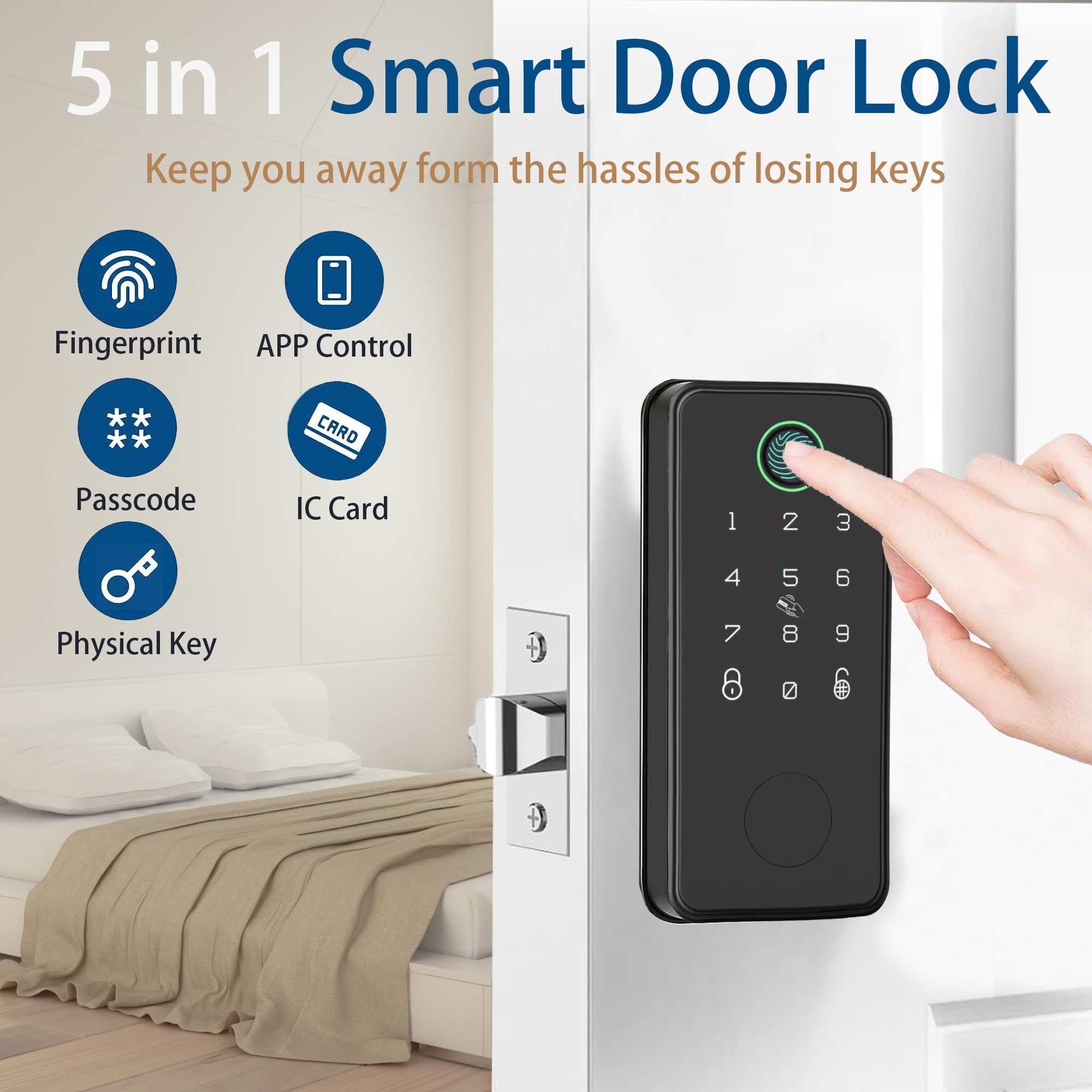 Matte Black Automatic Smart Lock, 5-in-1 Keyless Entry Door Lock, App Remote Control, Electronic Door Lock with Fingerprint, IC Cards, Touchscreen Keypad, Key,No Bridge Required, Easy Installation