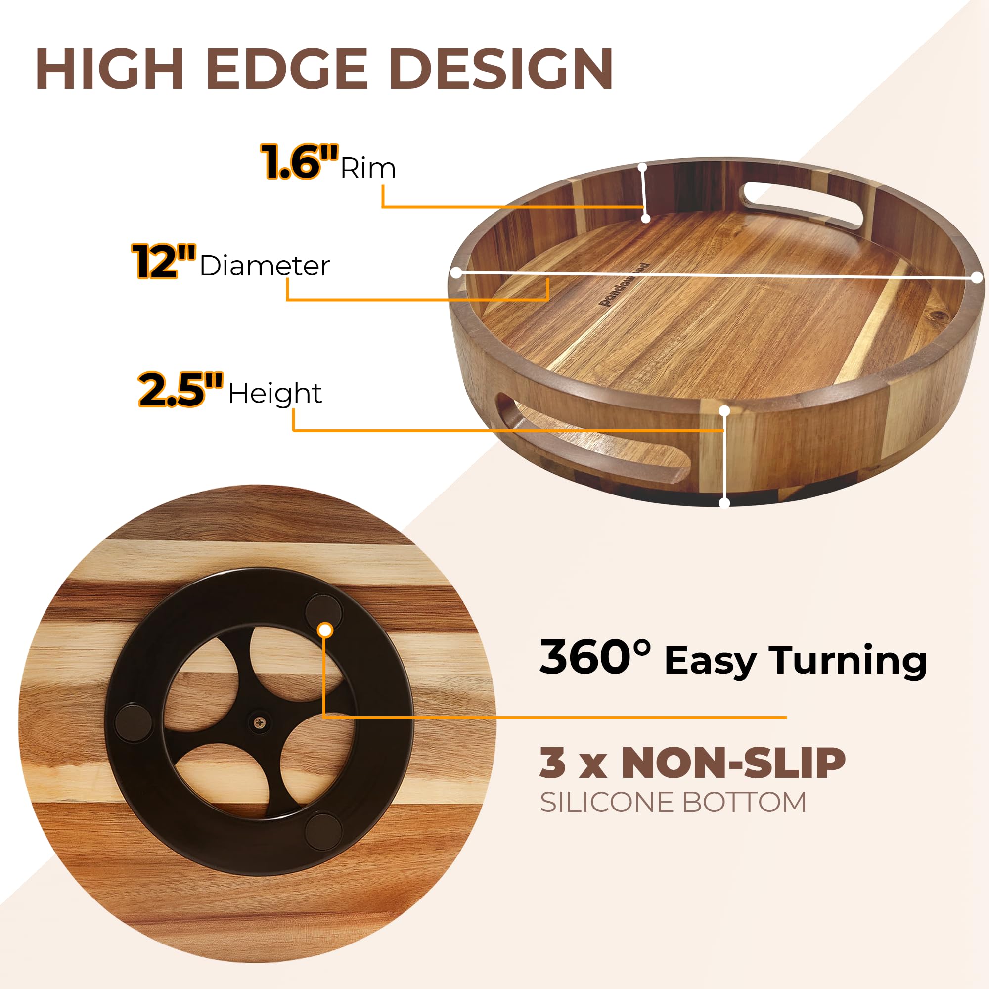 PANDAWOOD 12 Inch Lazy Susan Organizer 100% Acacia Wood - Large Lazy Susan Turntable Organizer for Cabinet, Dining Table, Bathroom, Pantry - Kitchen Cabinet Countertop Organizer - Spice Lazy Susan