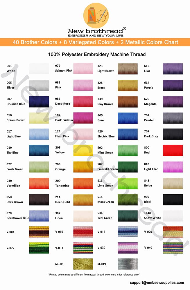New brothread 50 Spools Embroidery Machine Thread Kit Including 40 Brother Colors+8 Variegated Colors+2 Metallic Colors for Brother Janome Singer Pfaff Husqvarna Embroidery Sewing Machines