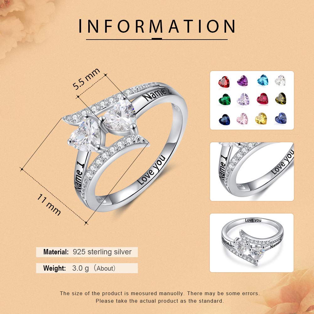 Personalized Love Heart Promise Rings for Her Couples Engagement Name Ring for Women Mothers Ring with Cubic Zirconia Simulated Birthstones (10)