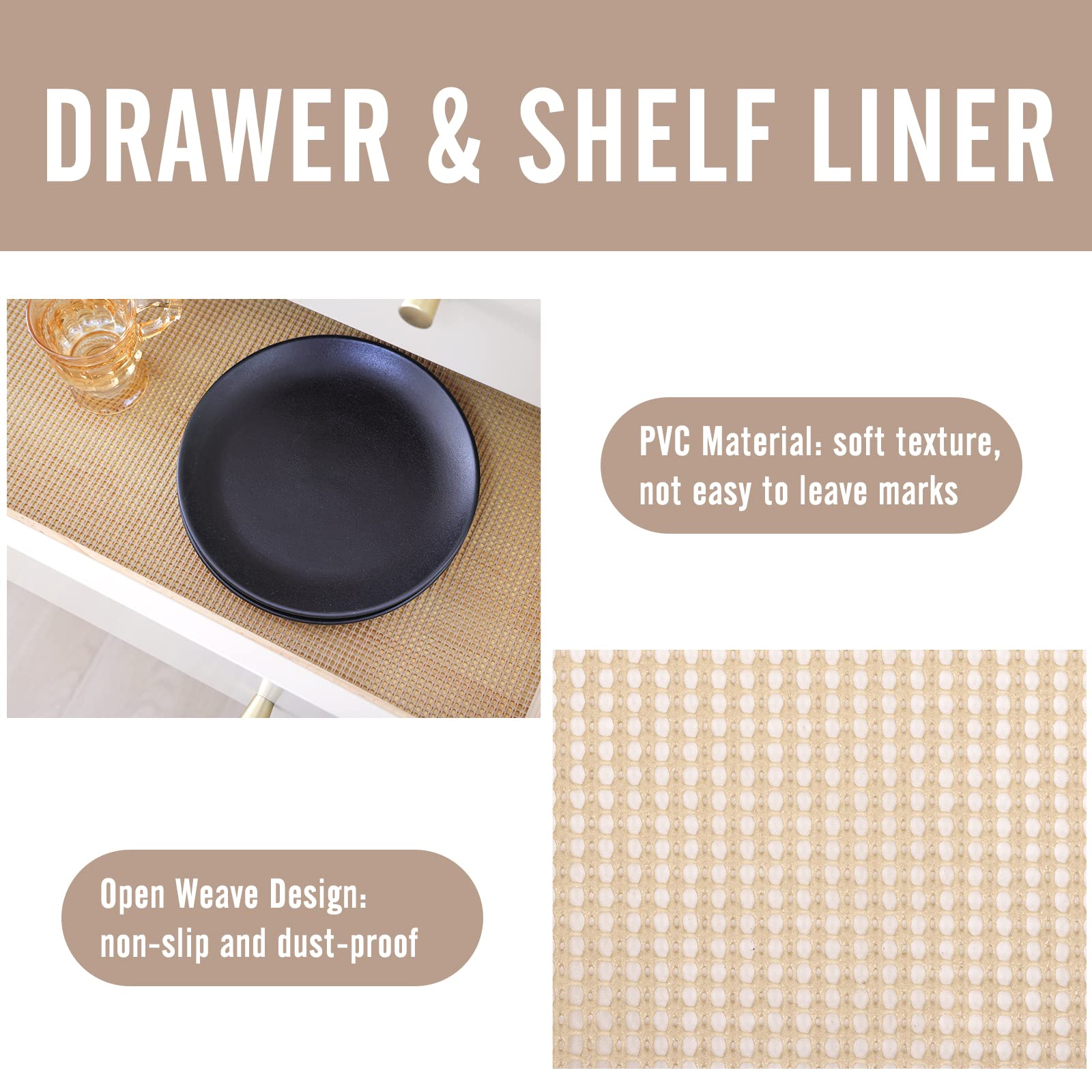 Moretoes Drawer and Shelf Liner, 2 Rolls of Non Adhesive 12 in x 25 FT Durable and Strong Cabinet Liner Non Slip for Kitchen Cupboard Pantry Table Desk Storage Organizer (Beige)