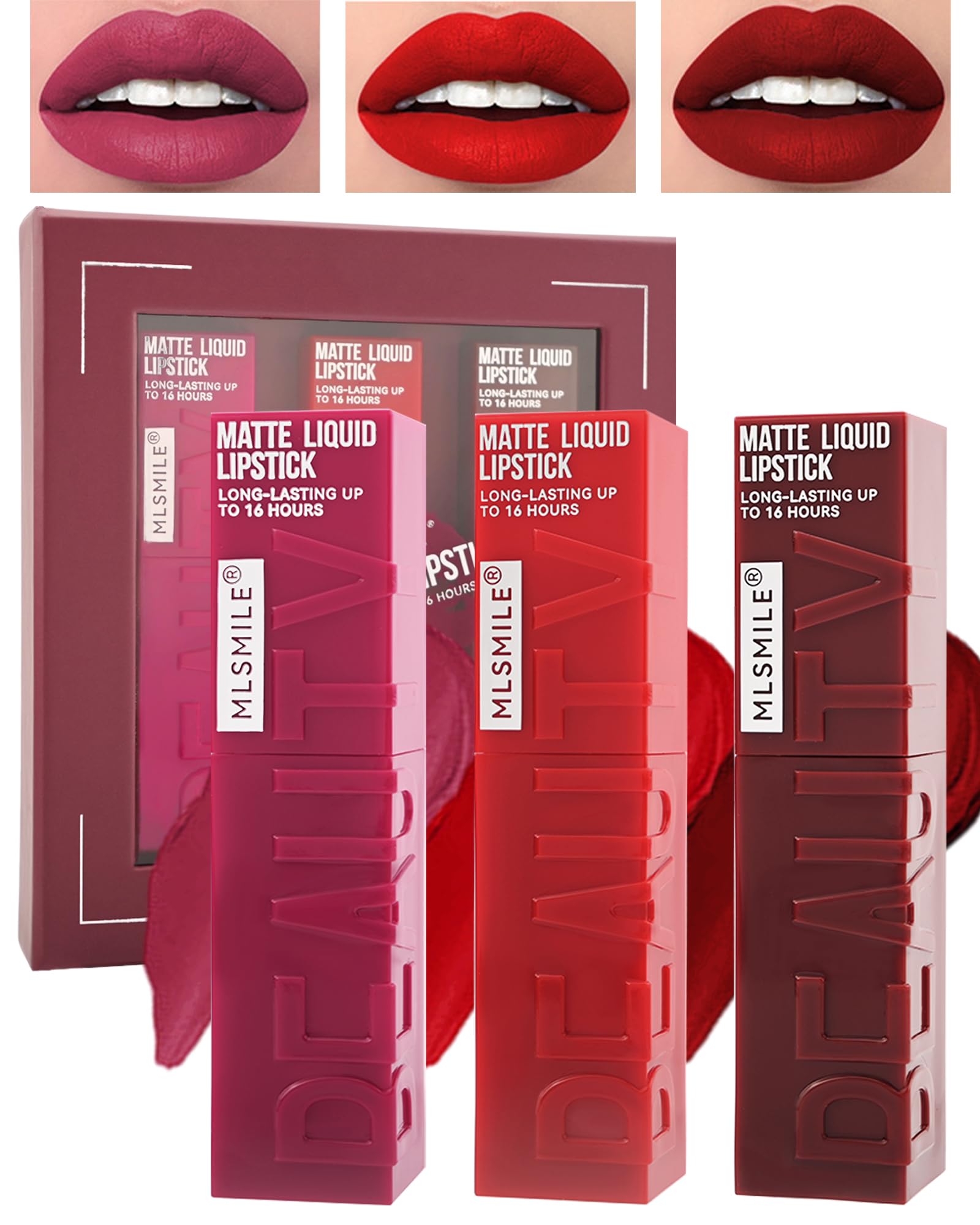 Matte Liquid Lipstick Set-3Pcs High Pigmented Lip Stain Tint,Matte Velvet Lip Gloss,Up to 16H Wear Lipgloss,Long Lasting Waterproof Non-Stick Cup Tinted Lip Blam Lipstain,Makeup Gift for Women-Set B