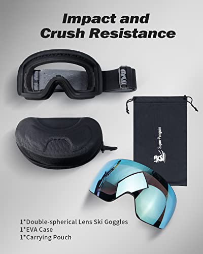 Super Penguin Ski Goggles Magnetic Lens & Replacement Lens, Double Spherical OTG Design Snow Goggles Anti-fog UV Protection
