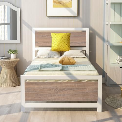 Metal and Wood Bed Frame with Headboard and Footboard, Twin Size Platform Bed, No Box Spring Needed, Easy to Assemble(White)