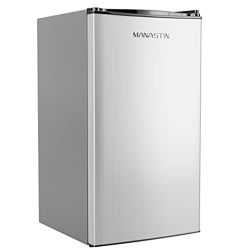 Manastin 3.2 Cu. Ft Mini Fridge with Freezer for Bedroom, Dorm, Office, Compact Refrigerator with Adjustable Thermostat, Removable Glass Shelves and Reversible Door (Silver)