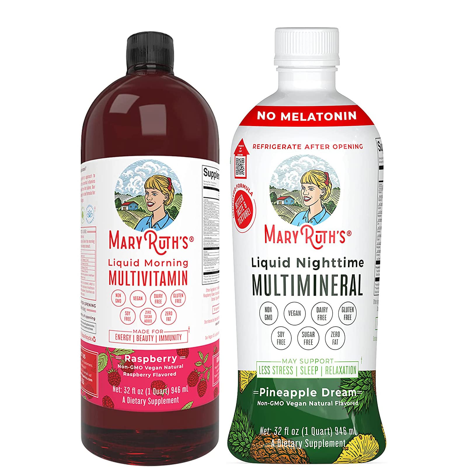 Morning Multivitamin Raspberry & Nighttime Multimineral Pineapple Bundle by MaryRuth's | Vegan Vitamin A, B, C, D3, E & Amino Acids | Vitamins for Immune Support, Digestion, Focus & Energy | Magnesium