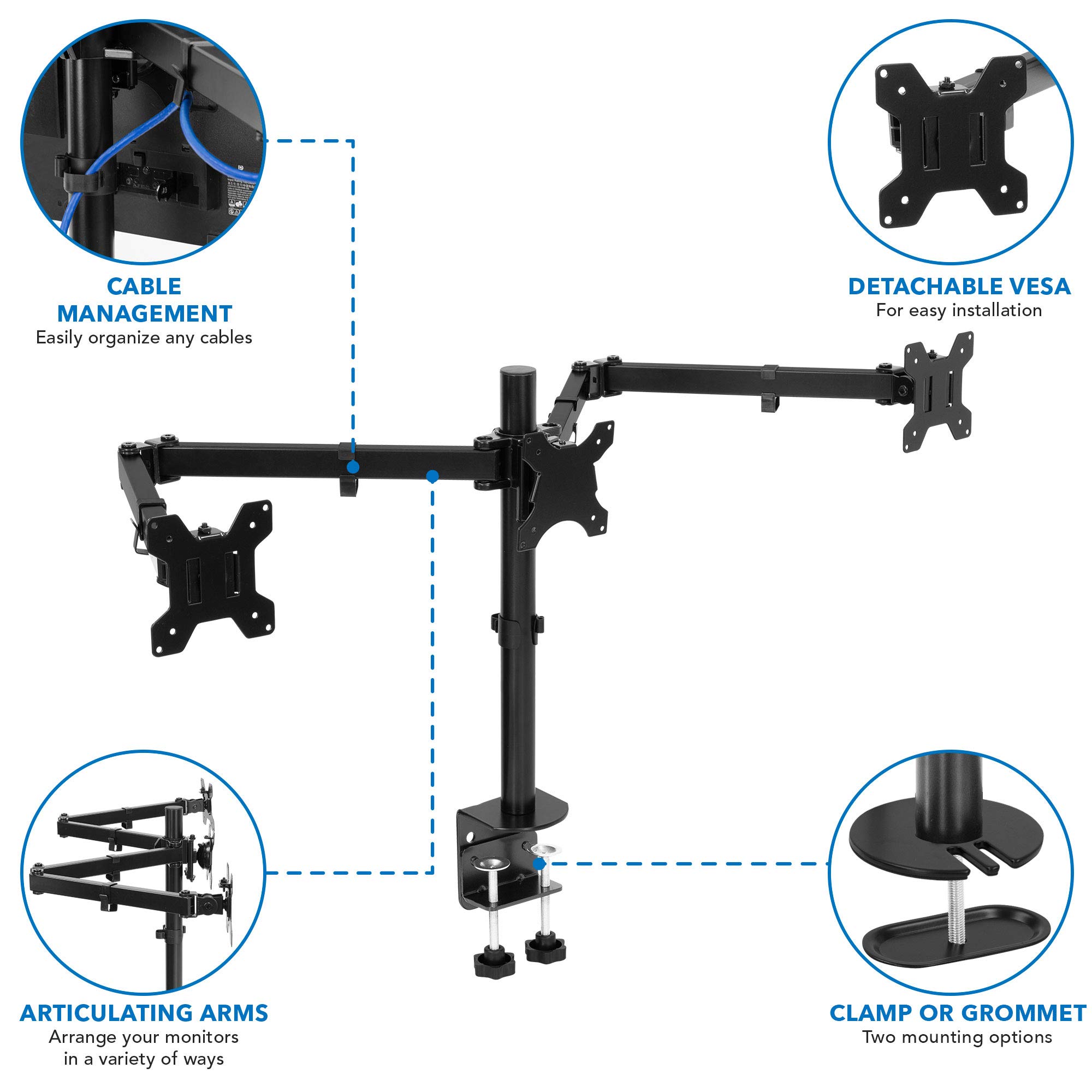 Mount-It! Triple Monitor Mount | 3 Computer Screen Desk Stand with Clamp and Grommet Base Fits Up to 24, 27, 32 Displays | Universal VESA Pattern 75x75 and 100x100