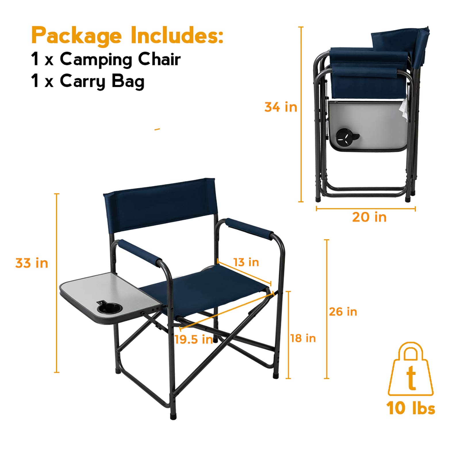 Pacific Pass Directors Camp Chair w/ Built-In Side Table and Cup Holder, Collapsible - Alloy Steel, Navy