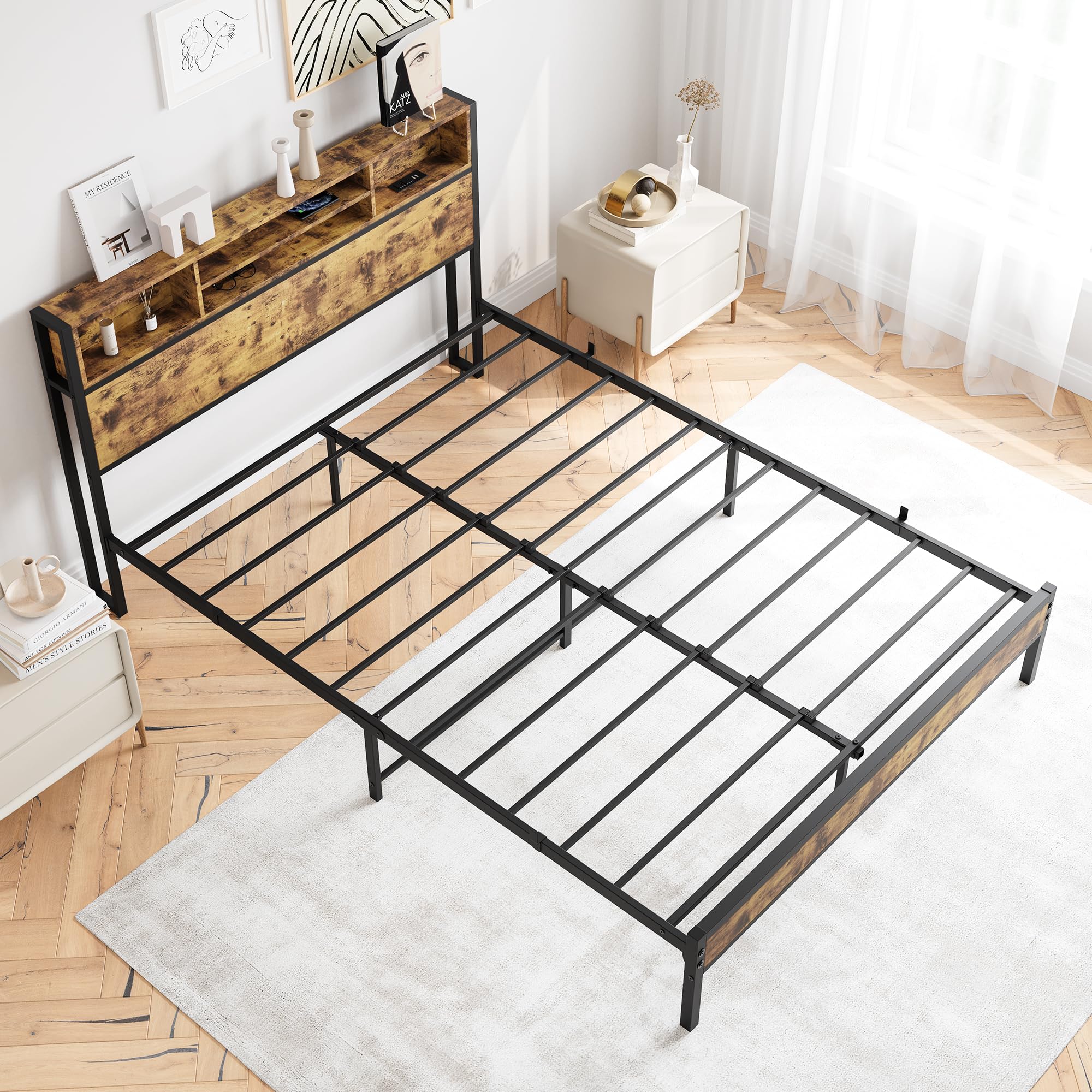 MegaChunk Queen Bed Frame with Storage Headboard, Metal Platform Bed with Charging Station, Bookcase Storage, No Box Spring Needed, Easy Assembly, Noise-Free, Black
