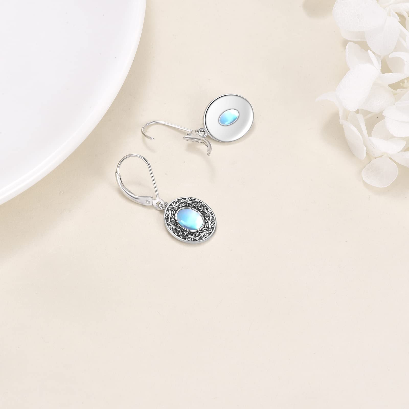 Sterling Silver Floral Moonstone Earrings Oval Shaped Drop Dangle Leverback Earrings for Women (Filigree)