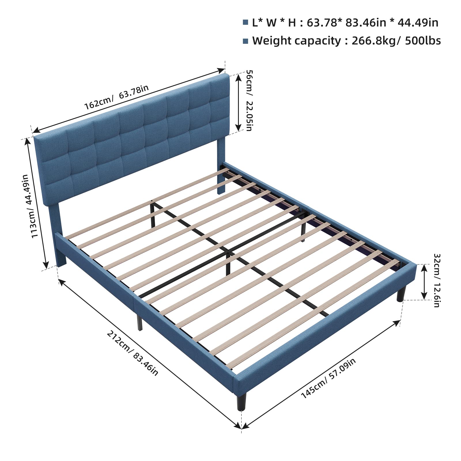 MegaChunk Queen Size Upholstered Platform Bed with Adjustable Linen Headboard and RGB Lights - Sturdy Bed Slats System, No Box Spring Needed - Blue