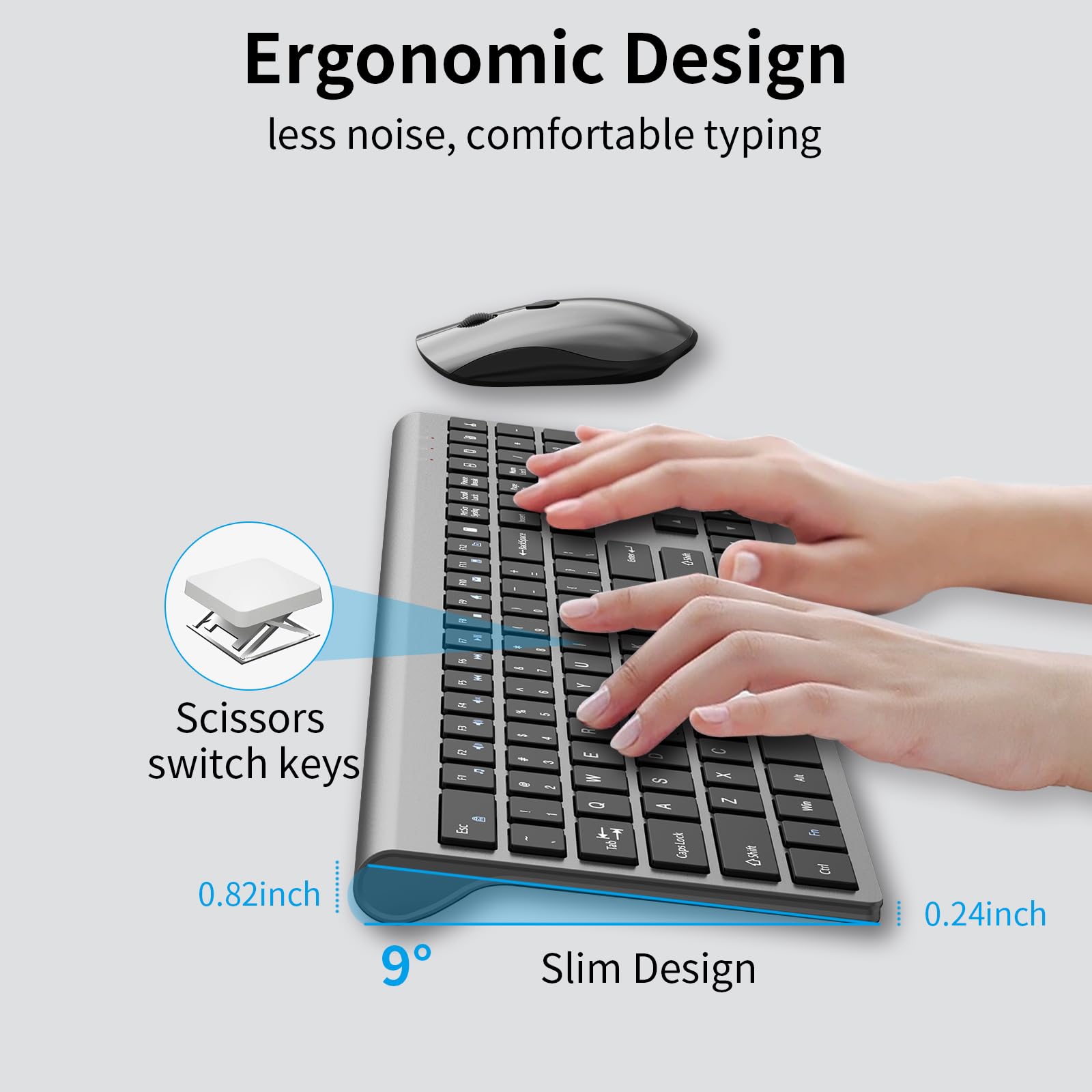 Wireless Keyboard and Mouse Combo, SHUNJINRUN USB Cordless Slim Compact Full-Size Keyboard and Ergonomic Silent Mouse with Side Buttons, for Windows,PC,Computer,Laptop,Chromebook - Gray
