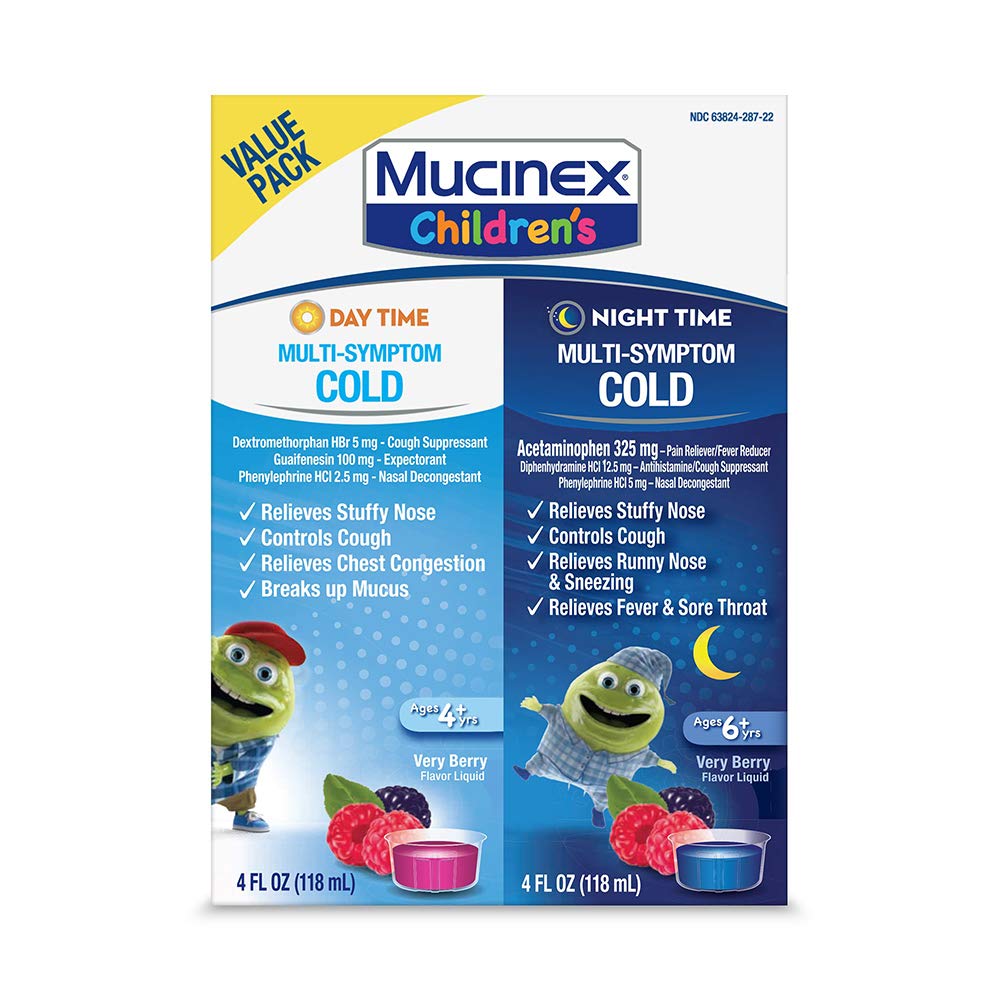 Mucinex Children?s Day Time Multi- Symptom Cold and Night time Multi-Symptom Cold, Multi-Symptom Relief, Bundle Value Pack, Very Berry Flavor, 2 x 4 FL OZ (Pack of 1)