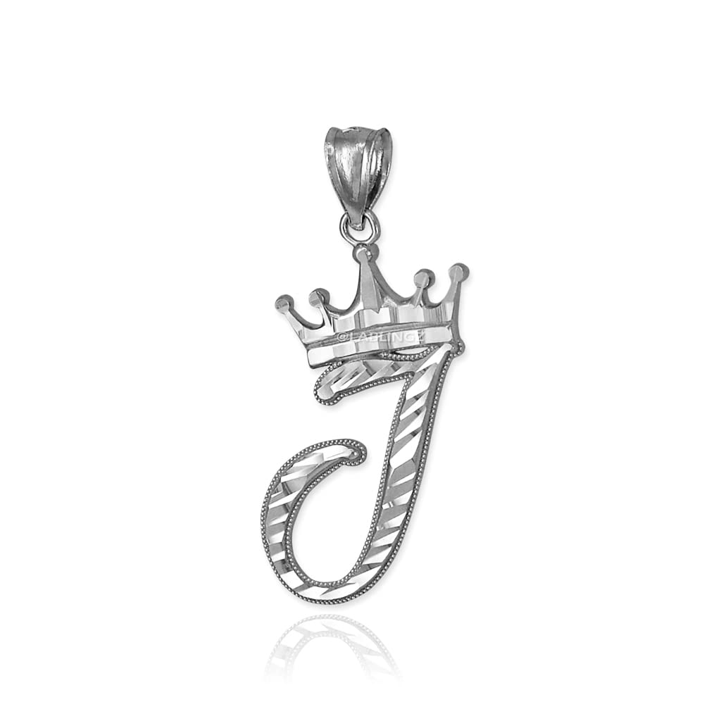 Sterling Silver Letter 'J' Initial Cursive Crown DC Pendant Necklace (Pendant Only), Medium