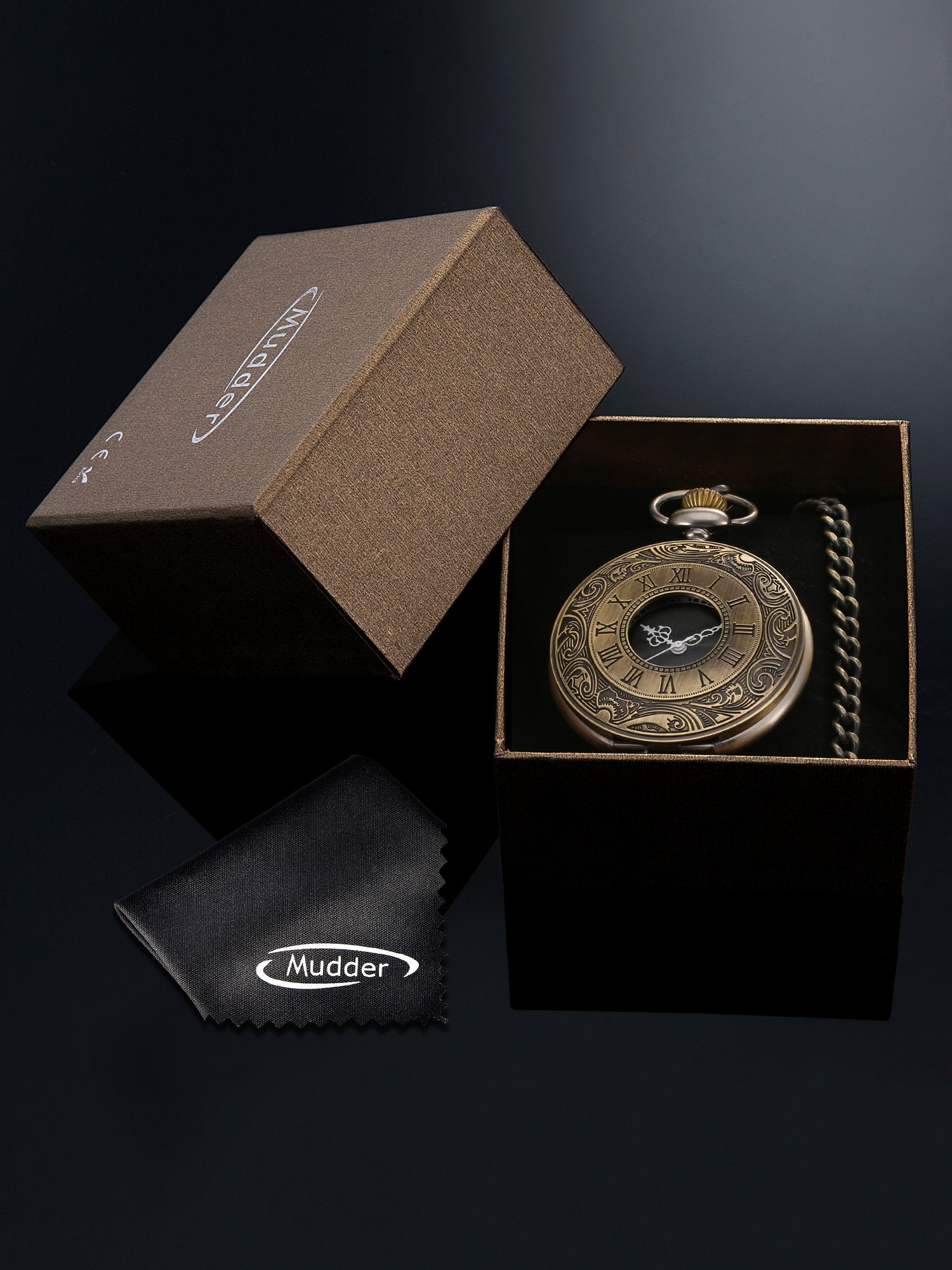 Mudder Vintage Roman Numerals Scale Quartz Pocket Watch with Chain (Gold)