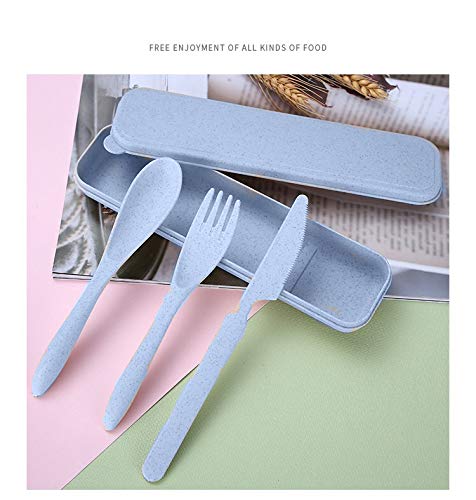 SUNNYHILL 4PCS Portable Utensils Set Straw Cutlery Set Healthy Eco-Friendly Wheat Biodegradable Chopstick Fork Knife Spoon Set for Travel Picnic Camping Students Daily Uses with Portable Case (blue)