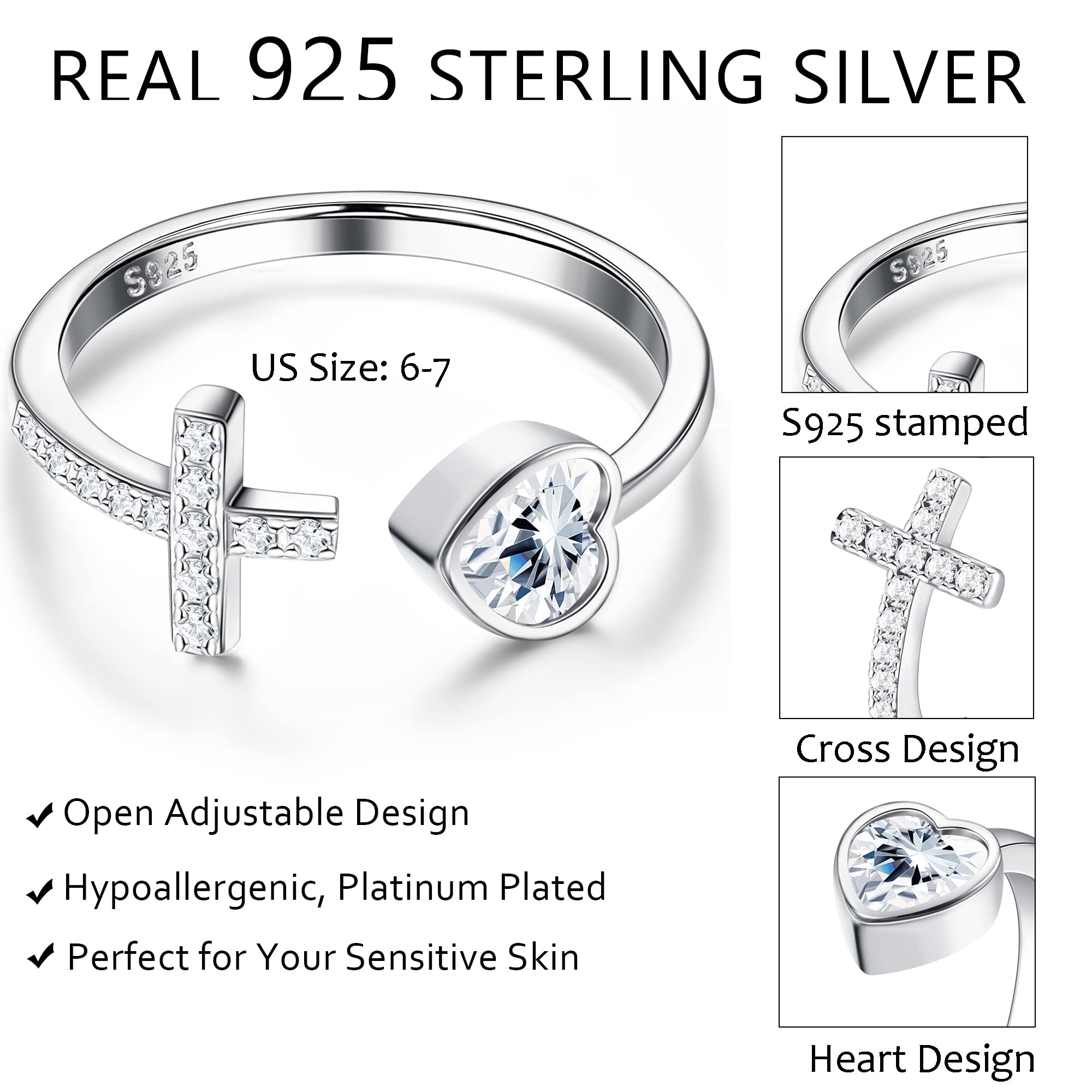 Sllaiss 925 Sterling Silver Heart Cross Rings for Women 5A CZ Open Stacking Ring Christian Religious Cross Knuckle Ring (Silver 2)