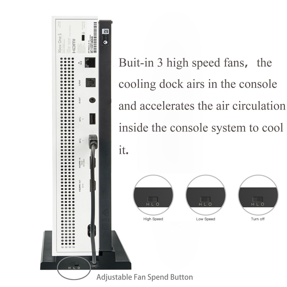 Megadream Xbox One S Vertical Stand USB Cooling Fan, with 3 Adjustable L/H Speed Fans Button & 2-Port USB Charging Port & Data Syncing Cooler for Microsoft Xbox One Slim Gaming Console - Black
