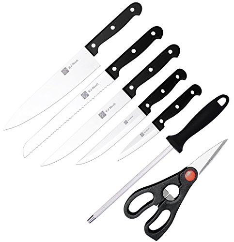 T.J Koch Knife Set 15 Pcs with Block Cutting Board Kitchen Knives Set 8" Chef Slicing Bread 5" Utility 3½" Paring 4½" Steak Knives x 6 Sharpener Steel