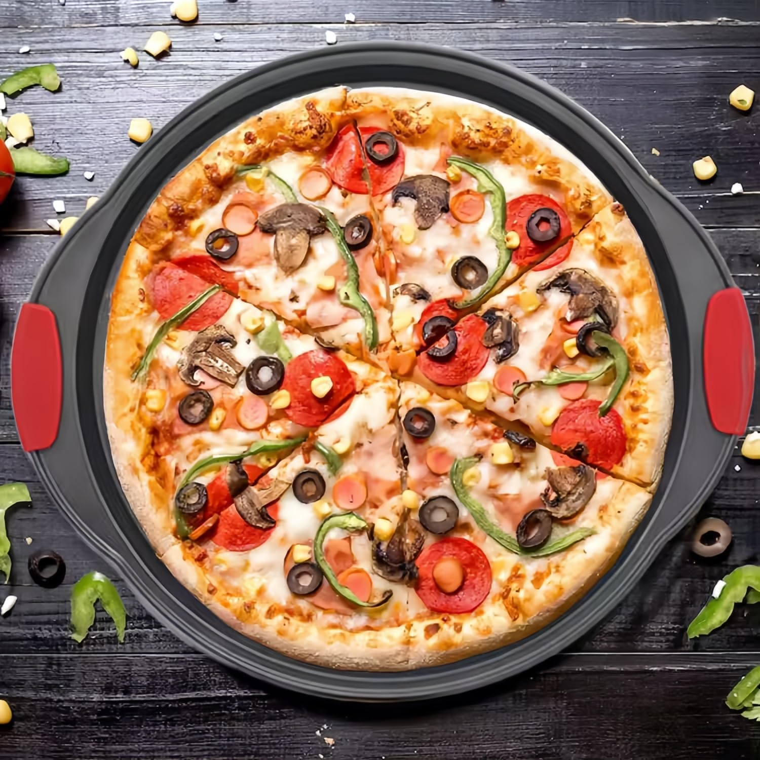 ZOEHROWS Pizza Pan for Oven (2 Pack) Round Pizza Pan with Holes - Non-Stick Carbon Steel Pizza Tray with Silicone Handles - for Cooking, Baking, and Grilling - Dishwasher Safe