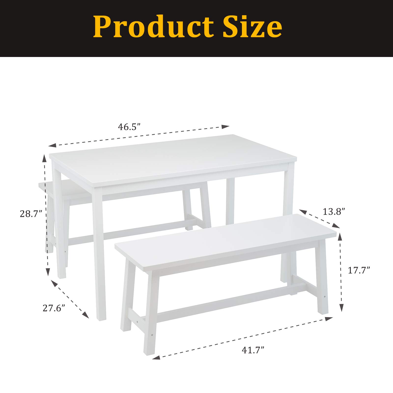 Mecor 3-Piece Dining Set Table with 2 Benches, Solid Pine Wood Tabletop and Benches Set for Home Kitchen Dining Room Furniture (White)
