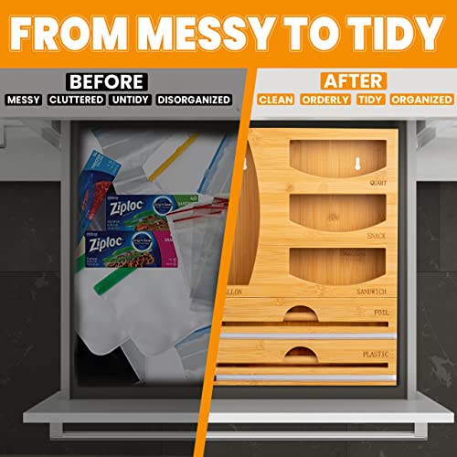 T3-R Foil and Plastic Wrap Organizer - 6-in-1 Bamboo Organizer Plastic Wrap Dispenser with Cutter for Kitchen Drawer - Best Use for Sandwich Bag, Aluminum Foil, Wax Paper and Plastic Wrap