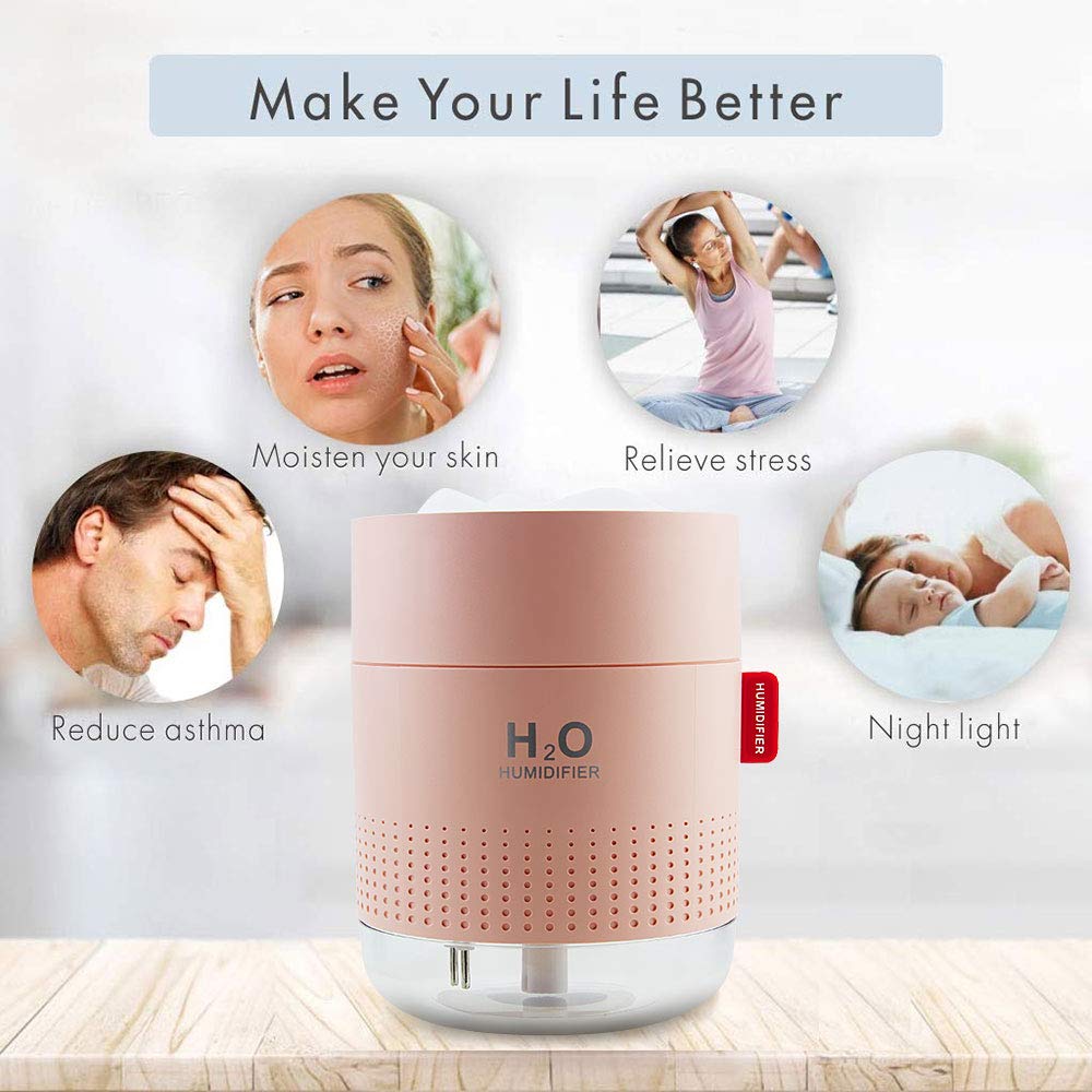 Portable Mini Humidifier, 500ml Small Cool Mist Humidifier with Night Light,USB Personal Desktop Humidifiers for Baby Bedroom Travel Office,2 Spray Modes, Ultra-Quiet , Auto Shut-Off, 3 Filters