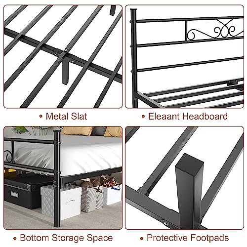 Metal Platform Bed Frame, Metal Bed Frame with 13 Heavy Duty Steel Slats, 12.4" Height Storage Space, No Box Spring Needed, Perfect for Dorm, Bedroom, Guest Room (Black, King Size)