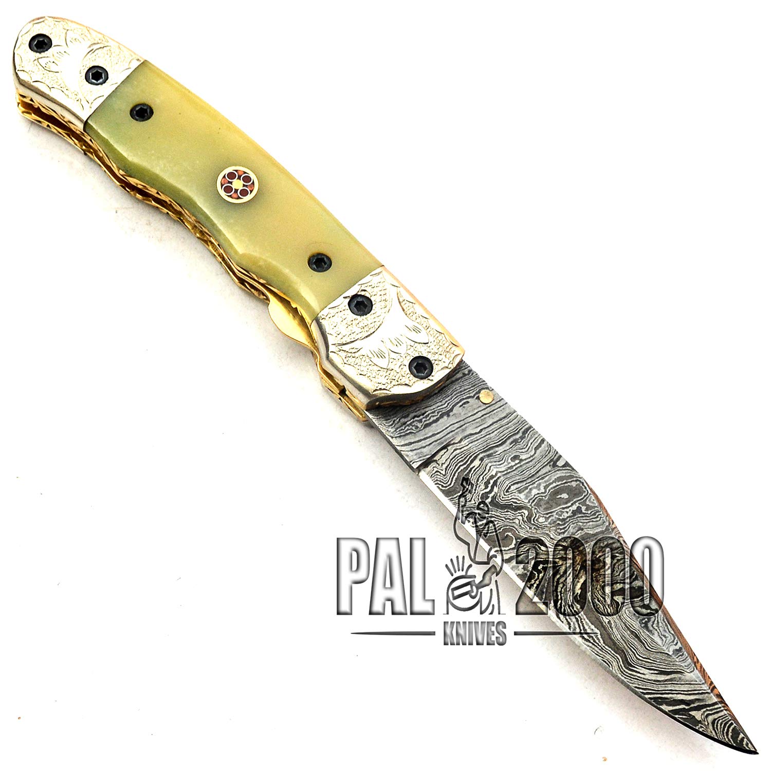PAL 2000 KNIVES Handmade Folding knife - Damascus Pocket Knife - For Men - with Camel Bone Handle - Custom Pocket Knife - for - Camping - Fishing - Outdoor - and EDC - 9680