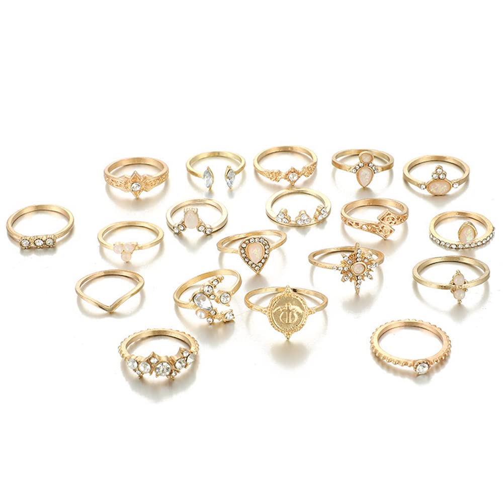 Missgrace Vintage Boho Rings Crystal Rhinestones Joint Knuckle Stackable Ring Set with Cresent Punk Snake Stacking Midi Finger Rings for Women and Girls (Style 6)