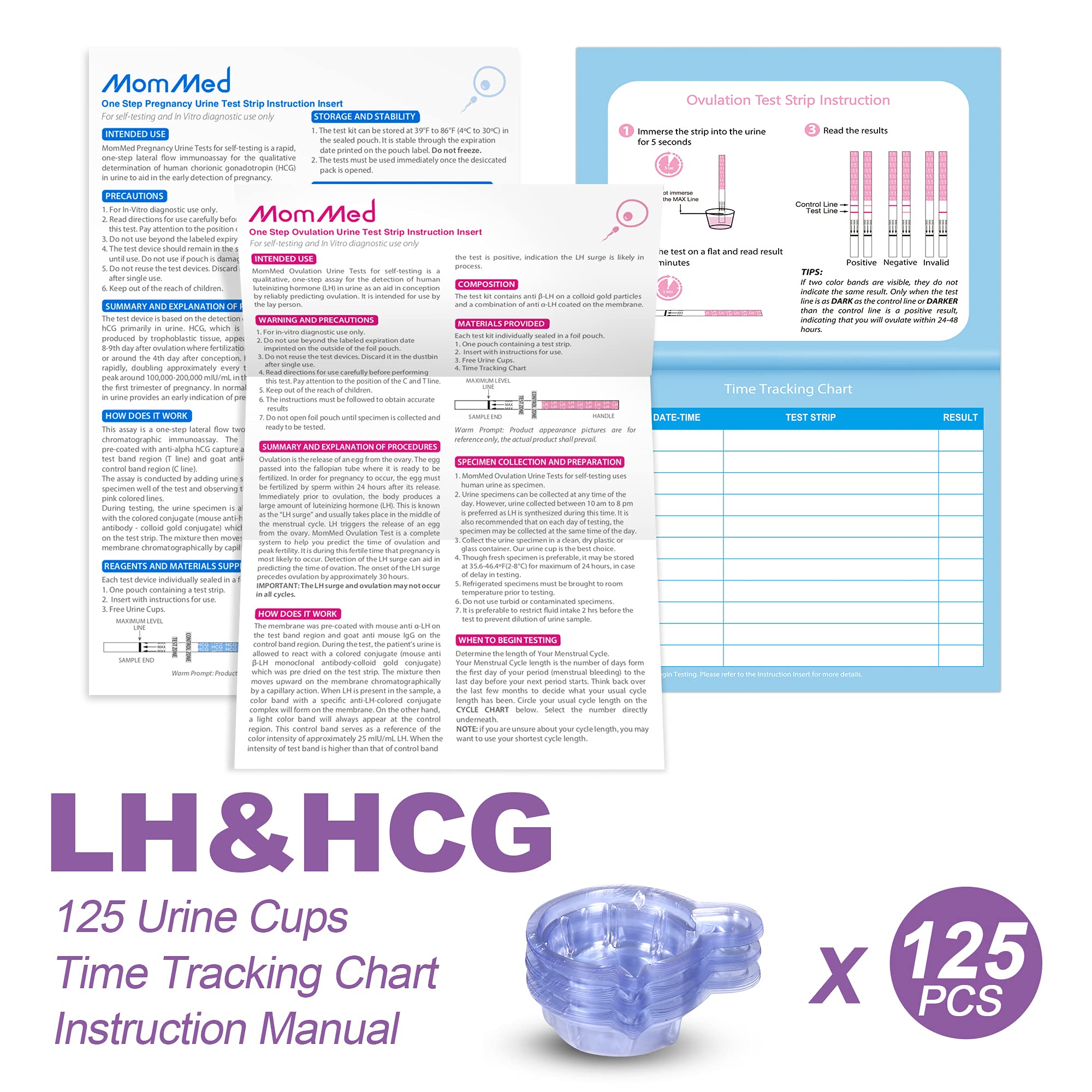 MomMed Ovulation Predictor Kit (HCG25-LH100), with 25 Pregnancy Test and 100 Ovulation Test Strips, Easy to Use Ovulation and Pregnancy Tests with 125 Urine Cups, Accuracy Fertility Test, OPK Test