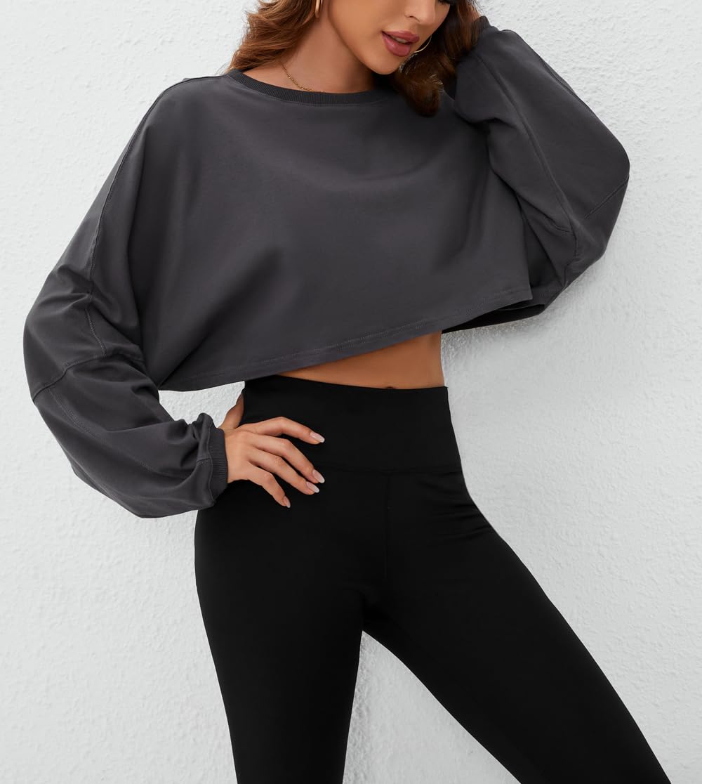 Meladyan Women Long Sleeve Crewneck Crop Top Tee Shirt Sweatshirt Casual Solid Loose Fit Workout Cropped Pullover Tshirt Dark Grey