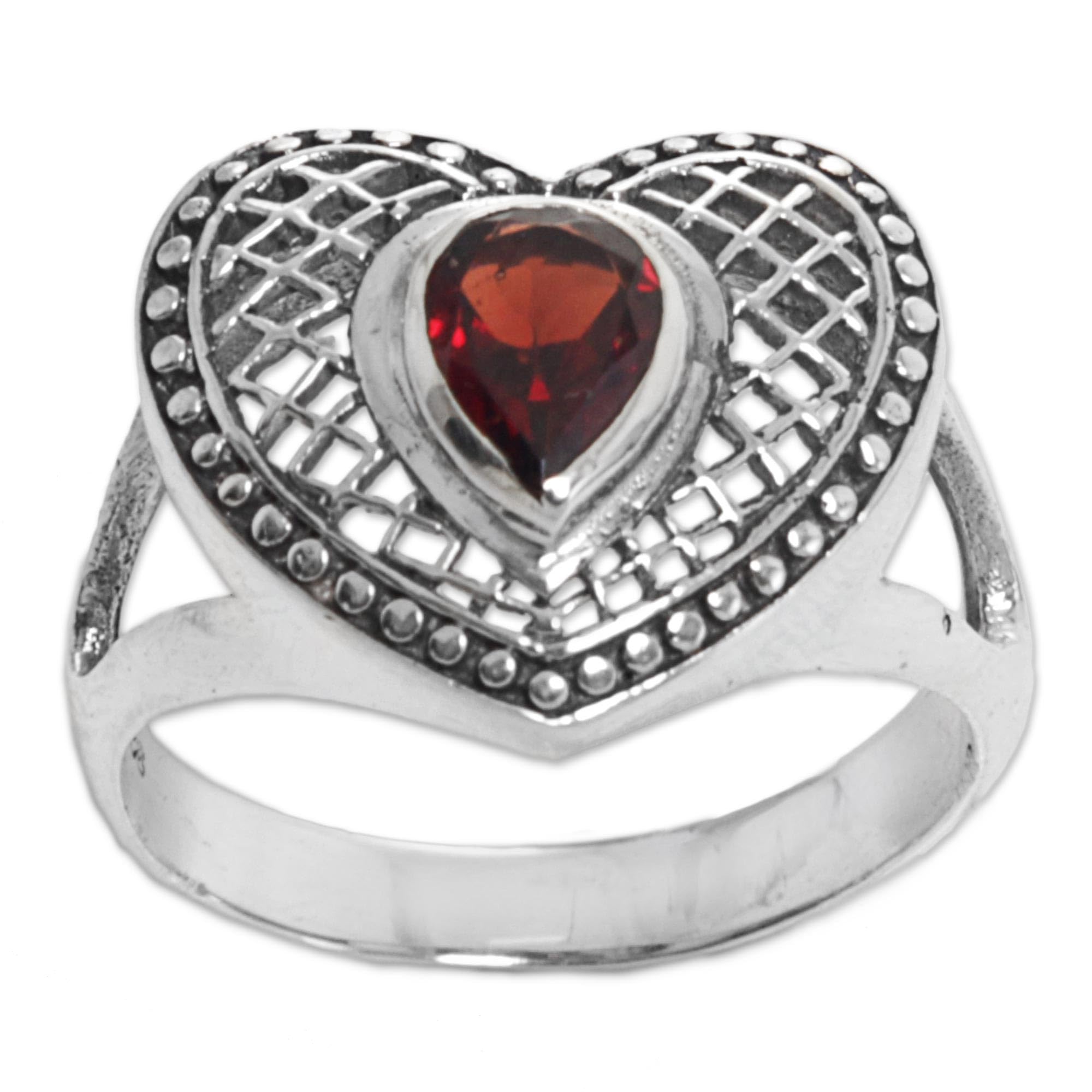 NOVICA Artisan Handmade Garnet Cocktail Ring .925 Sterling Silver Indonesia Aurora Birthstone 'Bali Heart in Red'