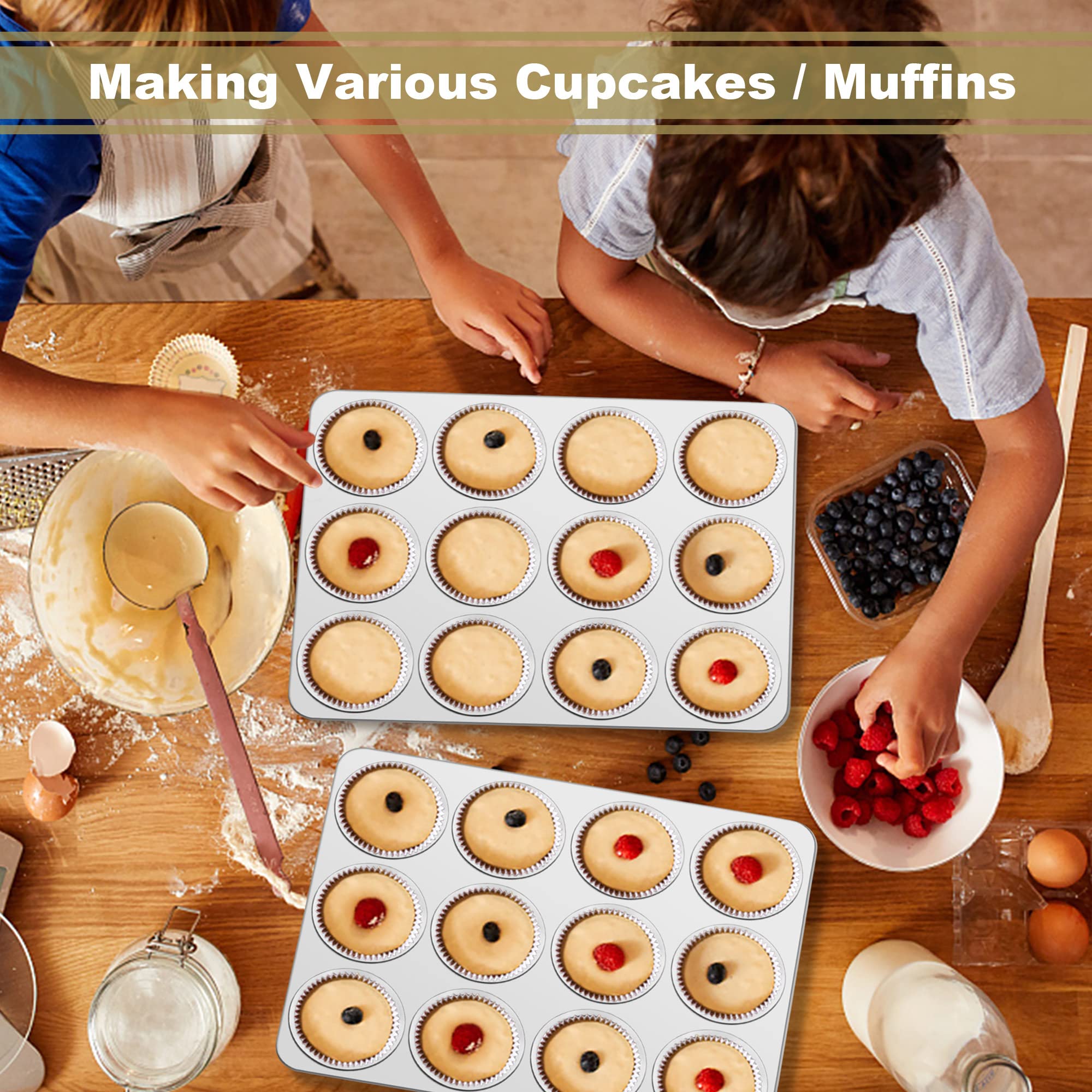TeamFar 12-Cup Muffin Pan, Stainless Steel Cupcake Pans Muffin Tin Set for Oven Baking Mini Brownies Quiches Tarts, Non Toxic & Regular Size, Dishwasher Safe β Set of 2